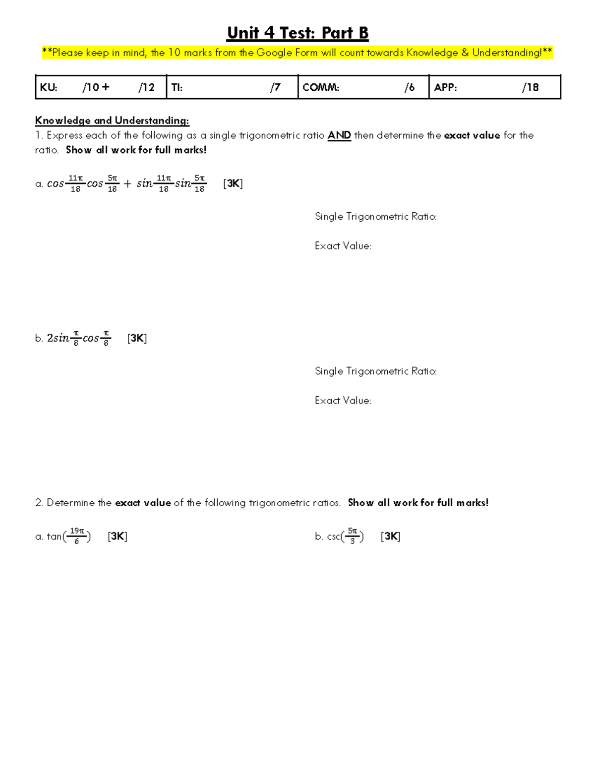 Copy of Copy of Unit 4 Test Part B - Unit 4 Test: Part B Please keep in ...
