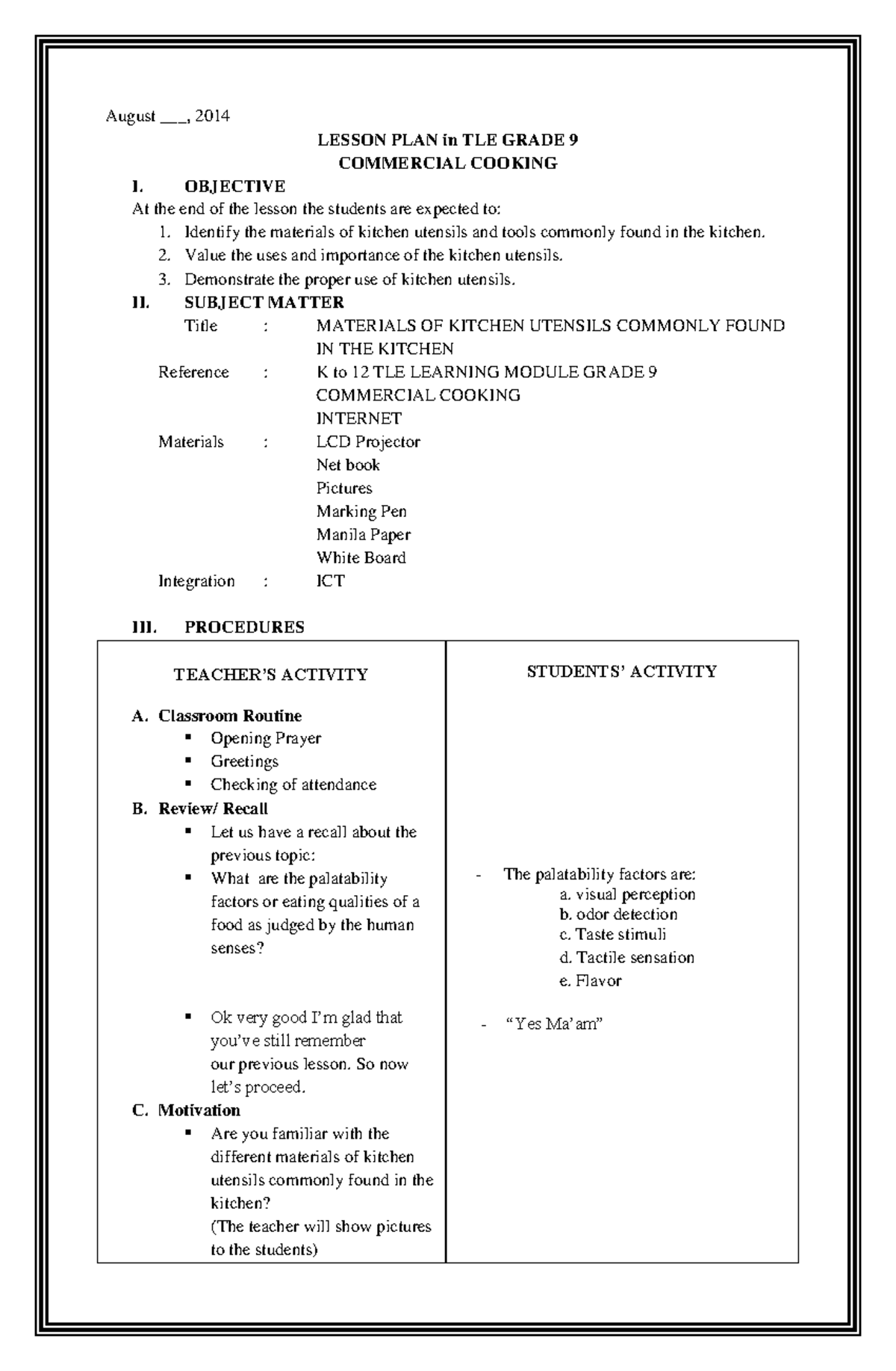 Detailed lesson plan in tle kitchen uten - August ___, 2014 LESSON PLAN in TLE GRADE 9 ...
