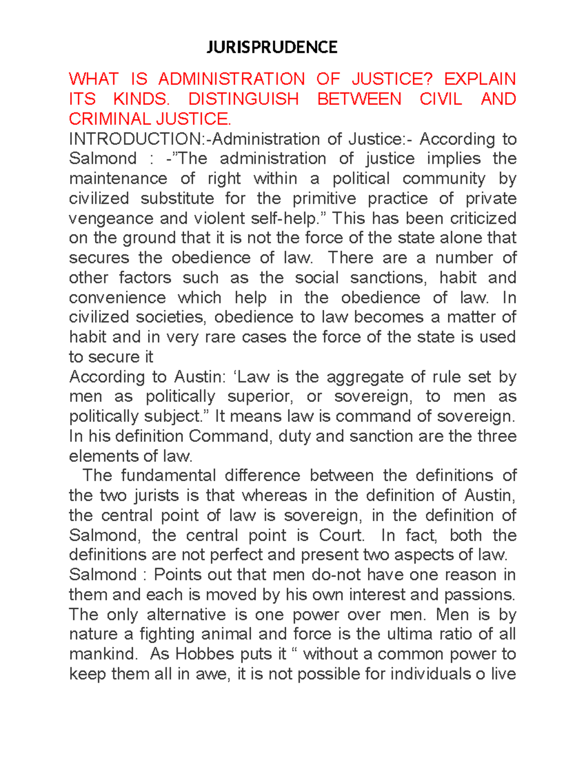 Jurisprudence 1 - WHAT IS ADMINISTRATION OF JUSTICE? EXPLAIN ITS KINDS ...