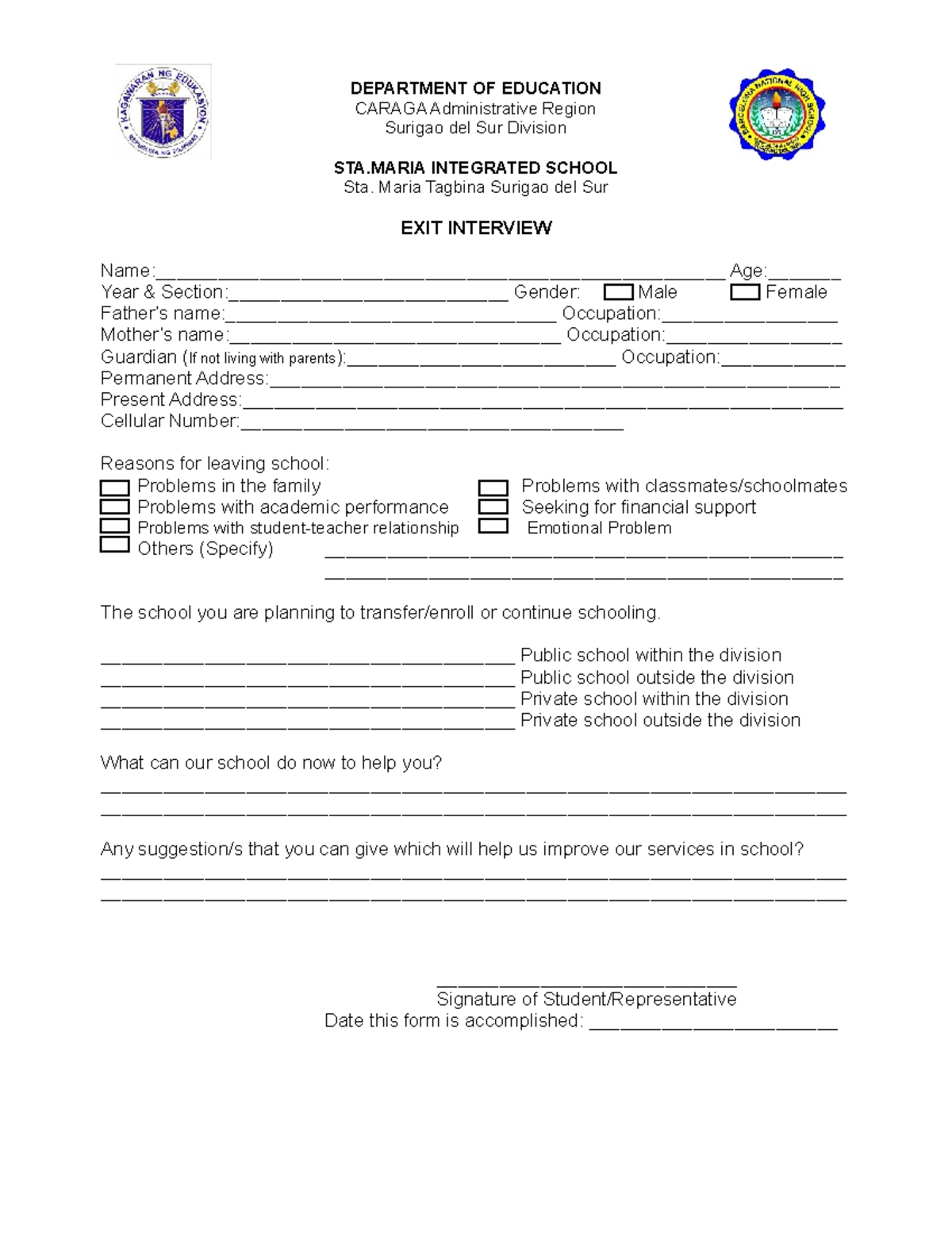 EXIT Interview transfer to another school - DEPARTMENT OF EDUCATION ...