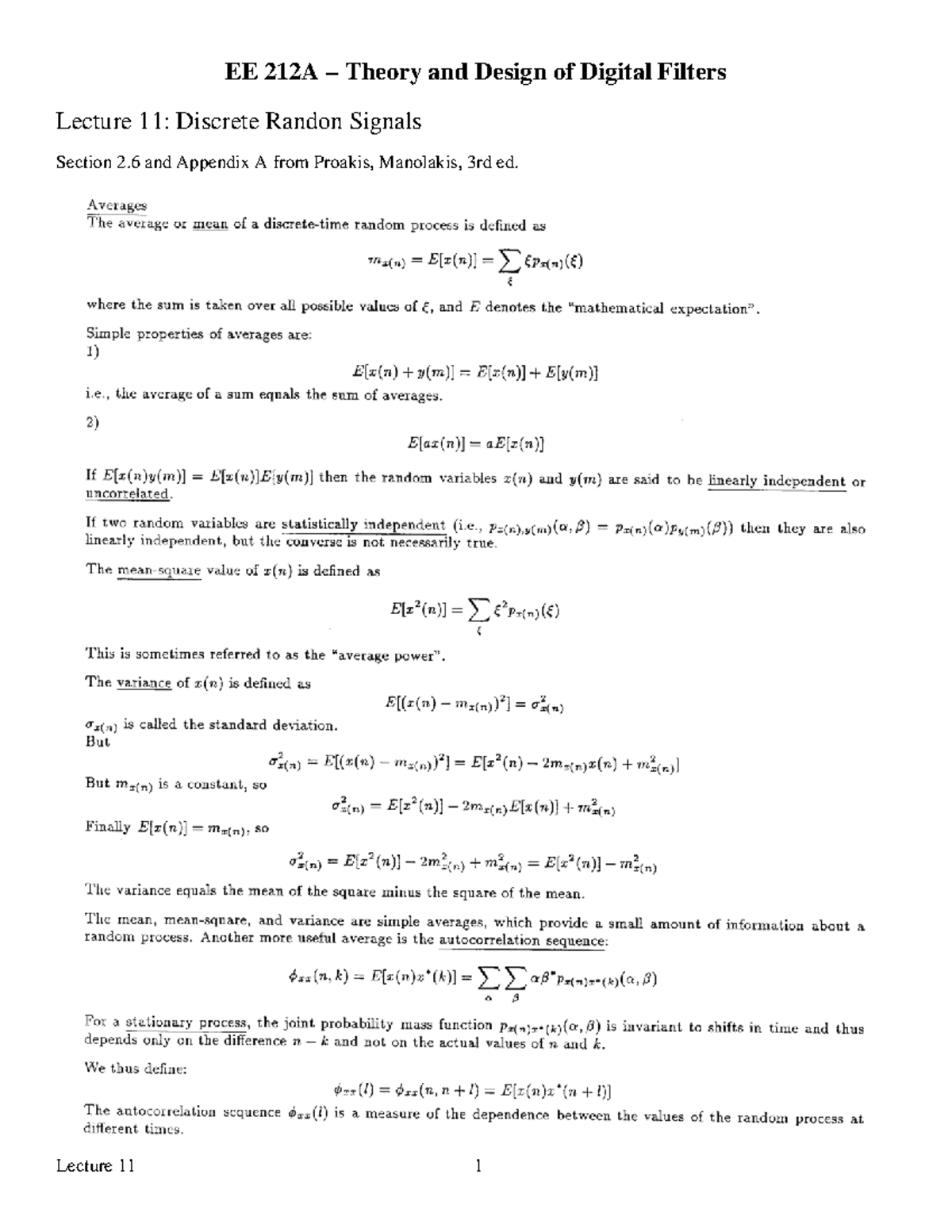 212A 1 Lecture 11 Notes - Prof Wilson - EE 212A - Lecture 11: Discrete ...