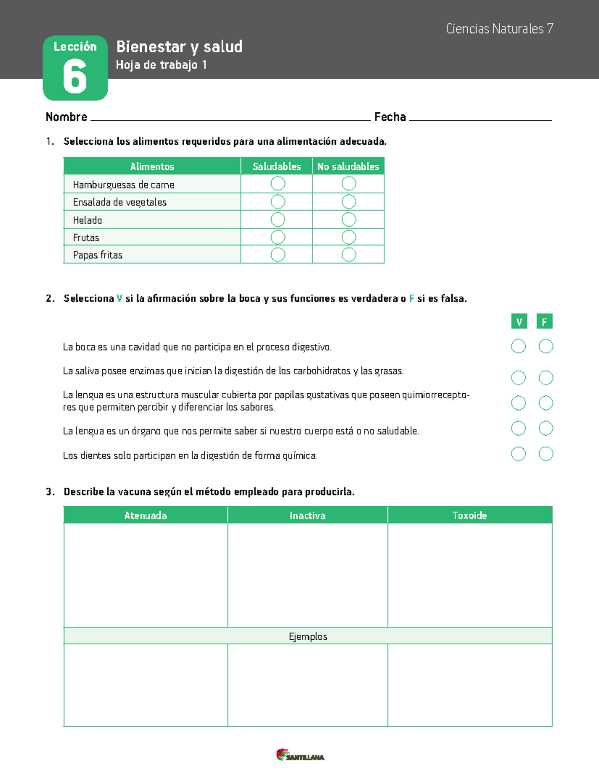 Lección 6, séptimo - Nombre Fecha Lección Ciencias Naturales 7 Hoja de ...