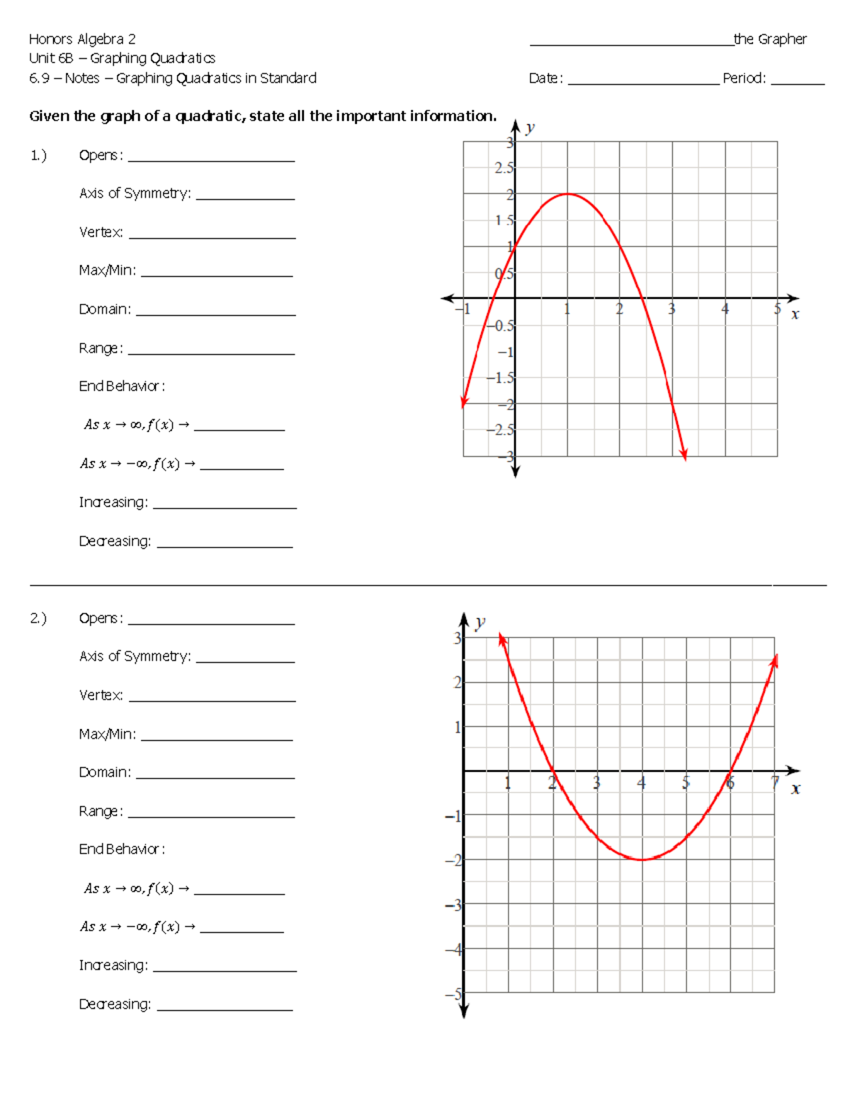 6.9 - Notes - Graphing Quadratics in Standard Form - Honors Algebra 2