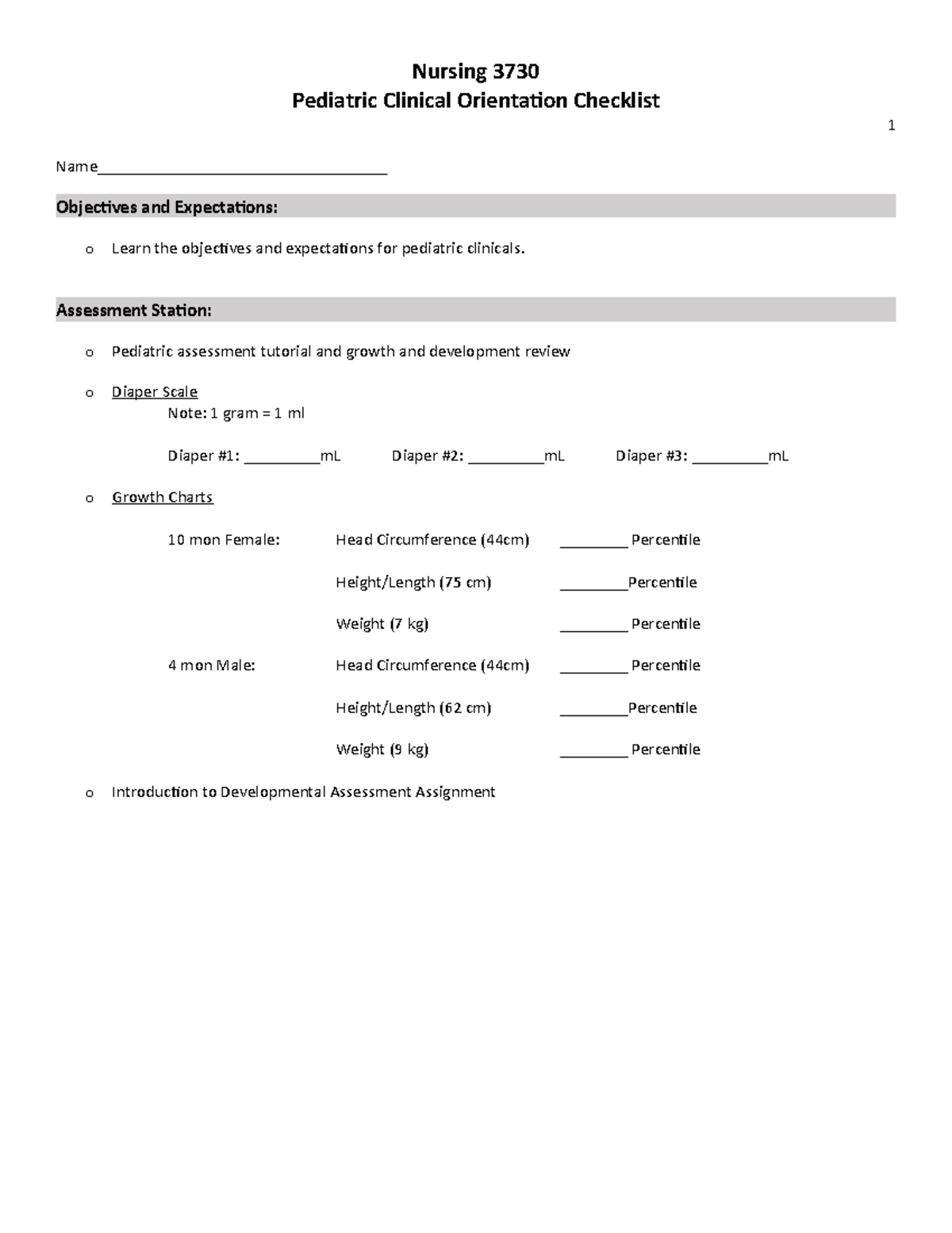 0 - Pediatric Orientation Checklist - Print and bring - Nursing 3730 ...