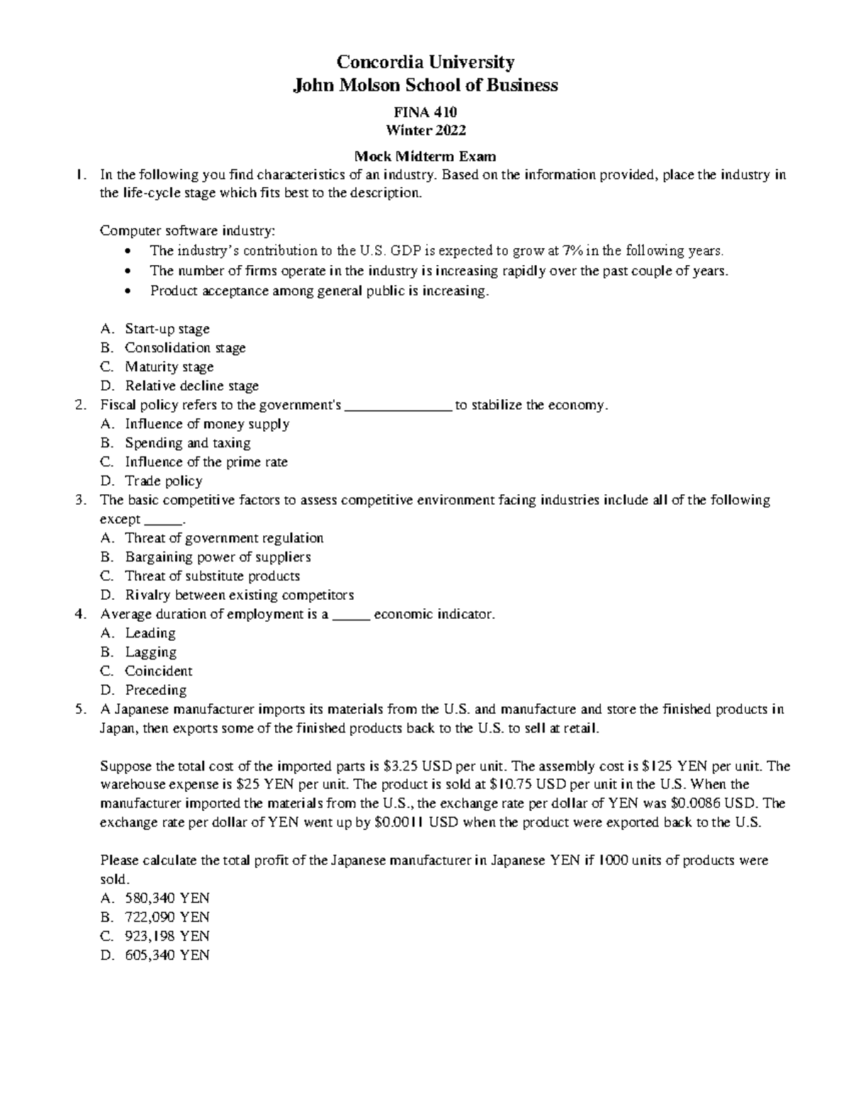 FINA410 Winter 2022 Exam1 Practice Midterm - John Molson School of ...