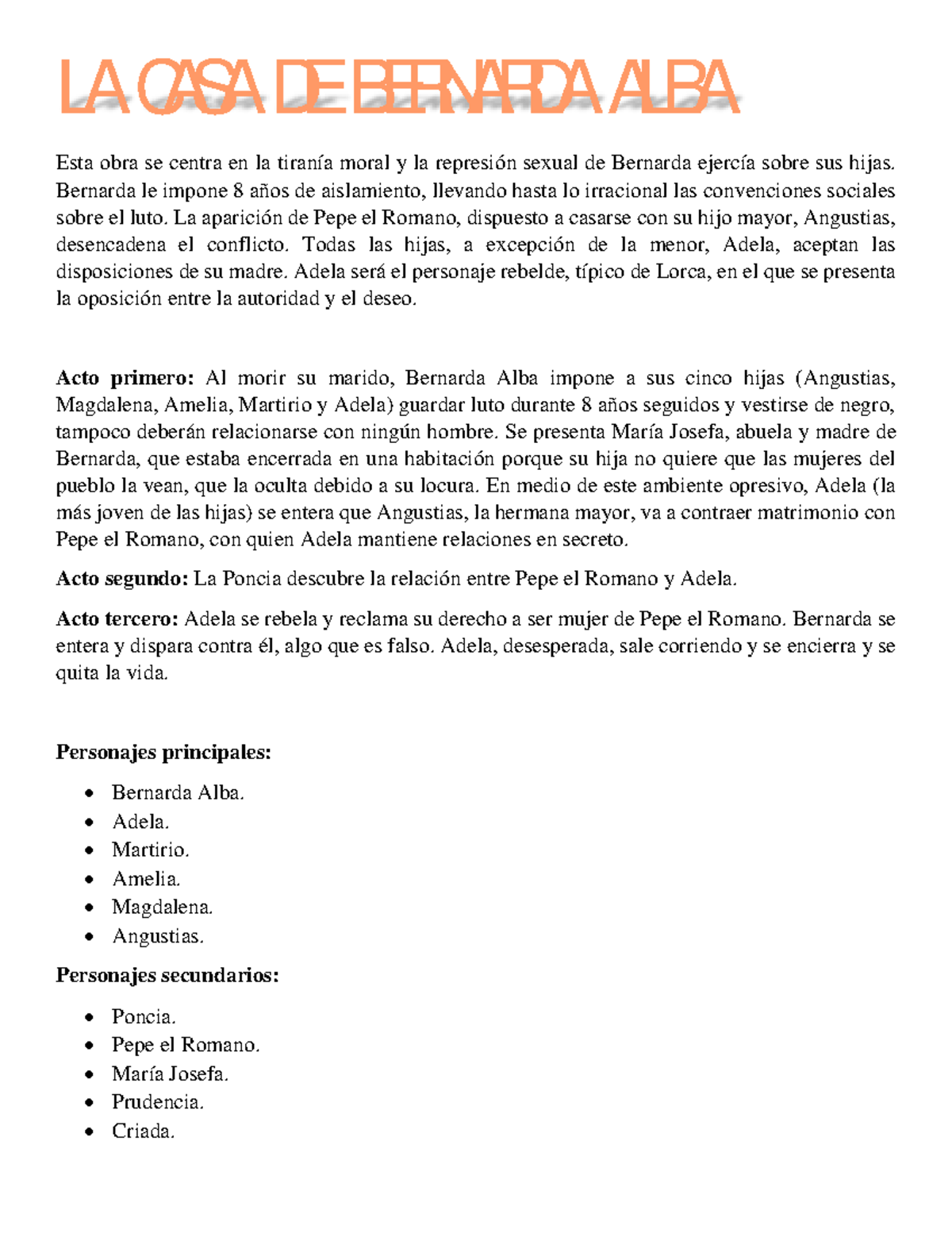 LA CASA DE Bernarda ALBA - LA CASA DE BERNARDA ALBA Esta obra se centra ...