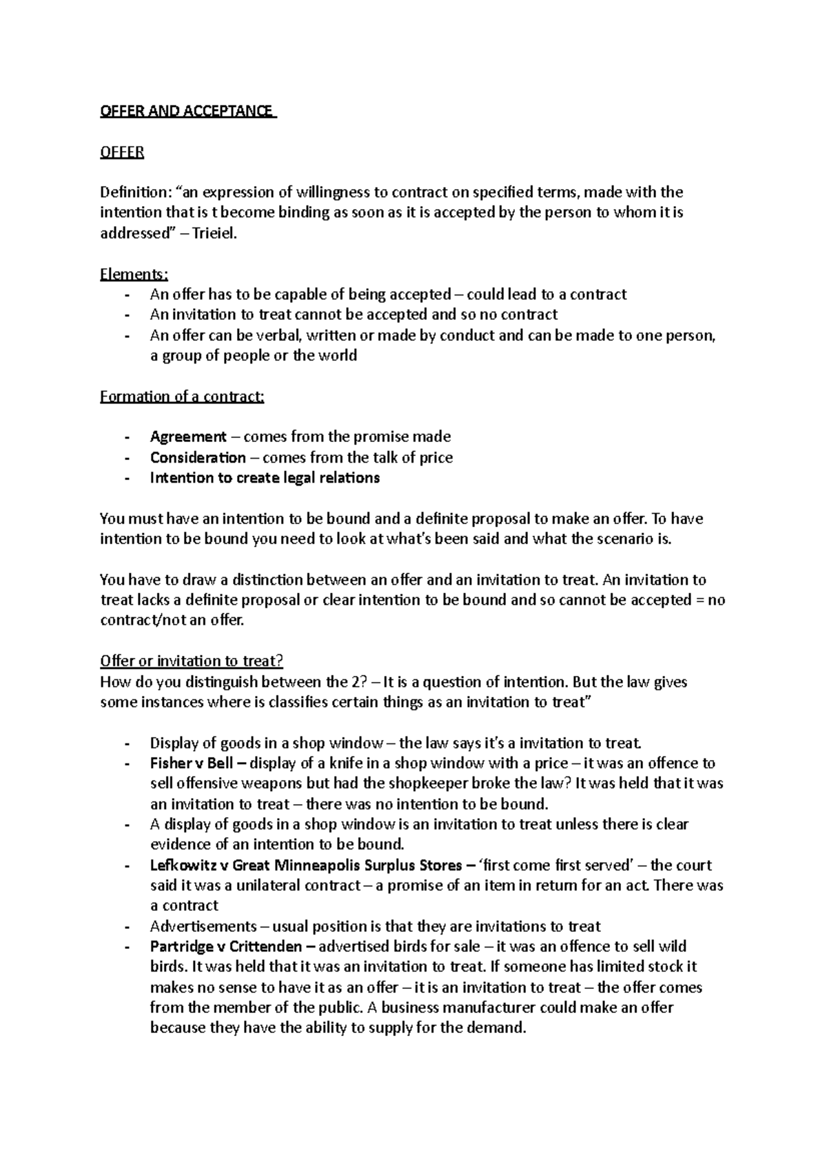 Proper Revision Notes - OFFER AND ACCEPTANCE OFFER Definition: “an ...