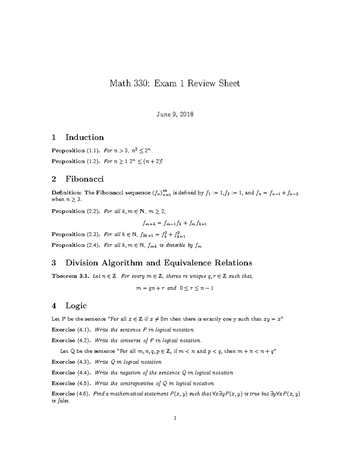 Exam1-review-sheet - Summary Number Systems - Math 330: Exam 1 Review ...
