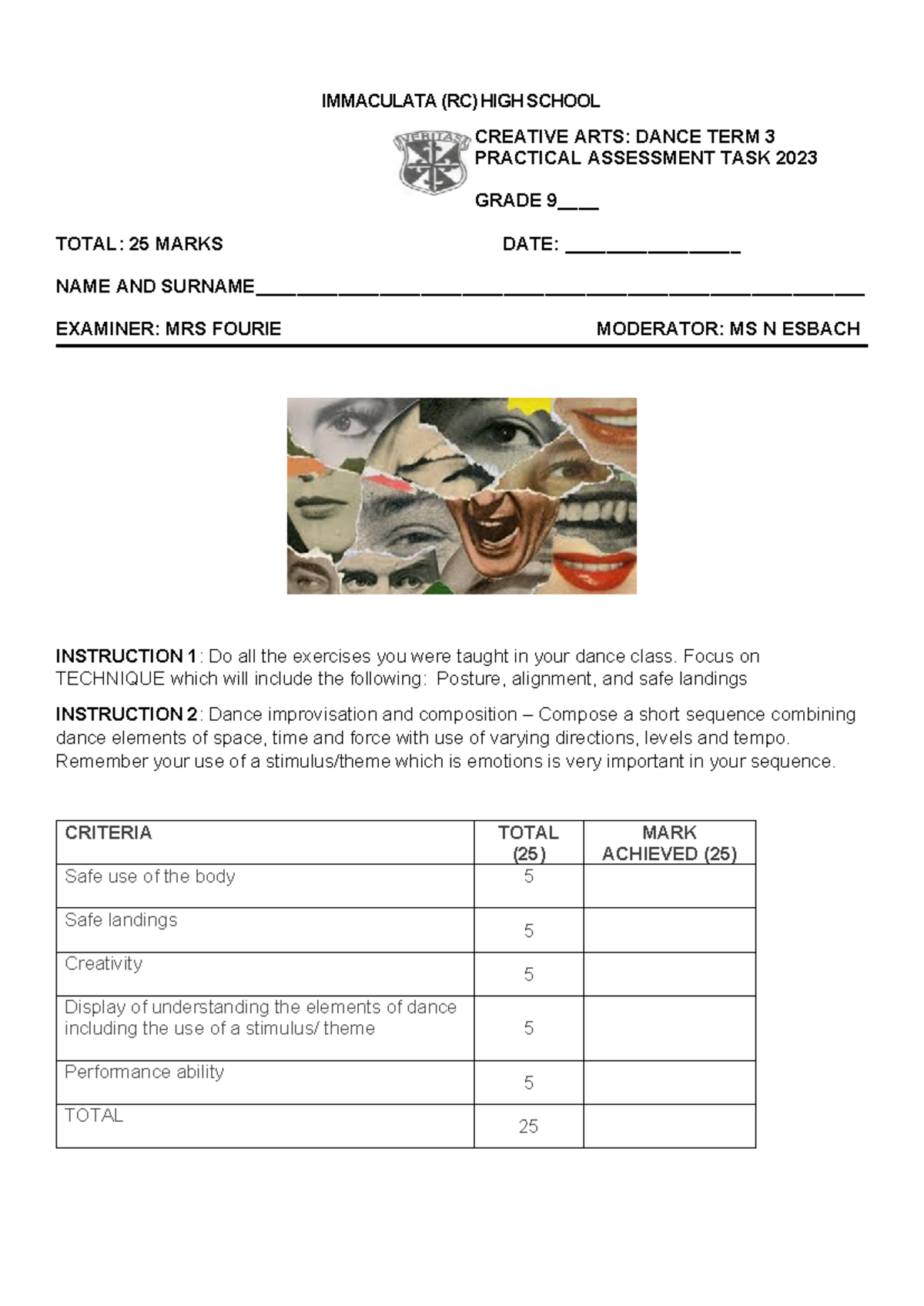 Grade 9 TERM 3 Practical 2023 - IMMACULATA (RC) HIGH SCHOOL CREATIVE ...