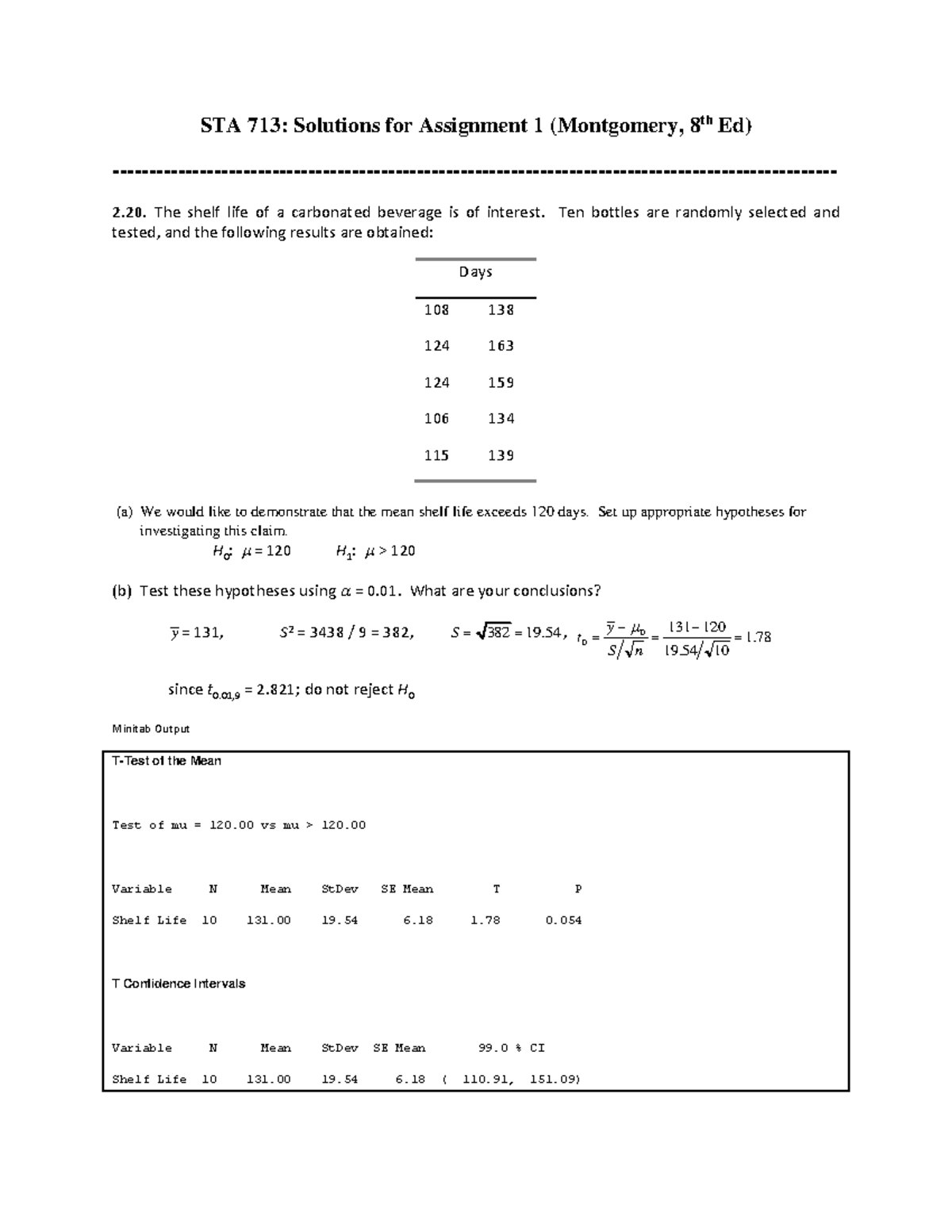 Solution #1 - none - STA 713: Solutions for Assignment 1 (Montgomery, 8th Ed) - 2. The shelf ...