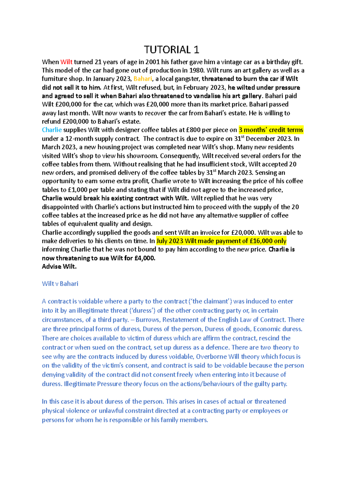 Contract II Tutorial Work - TUTORIAL 1 When Wilt turned 21 years of age in 2001 his father gave ...