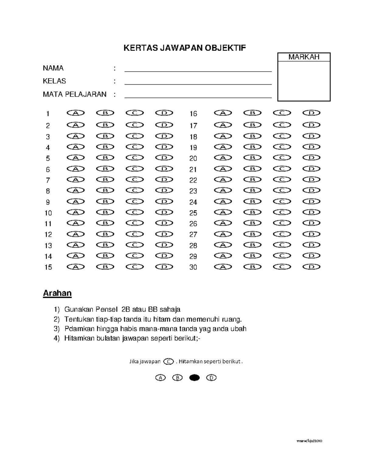 Omr-40-soalan compress - msaw/kjo/ KERTAS JAWAPAN OBJEKTIF MARKAH NAMA : - Studocu