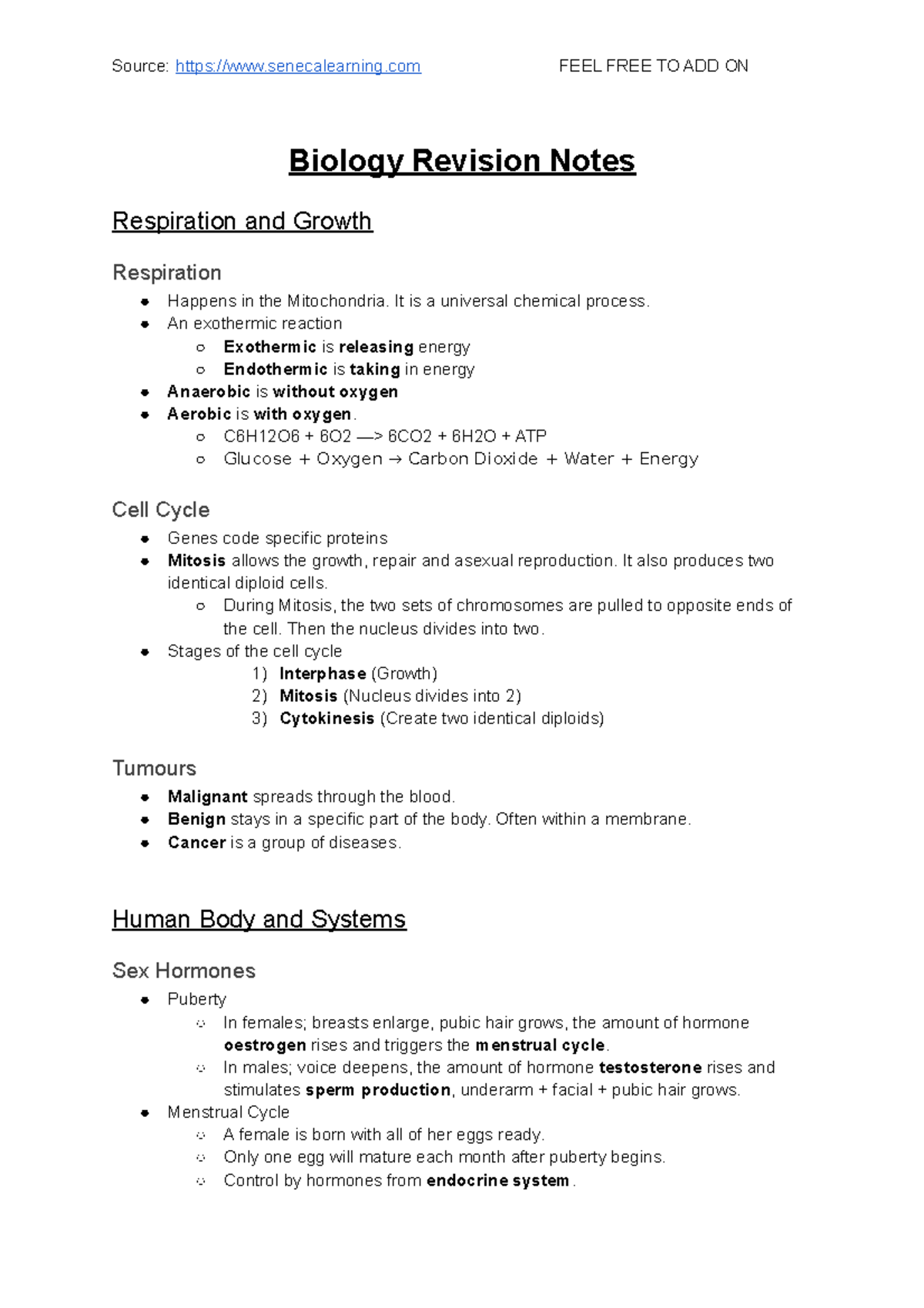 Biology Notes - Biology Revision Notes Respiration and Growth ...