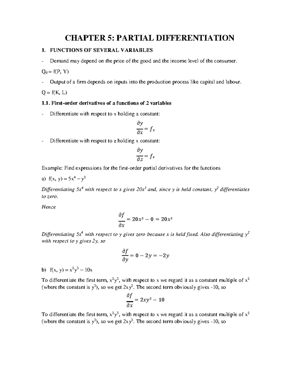 Final - Revision (TA) - lecture note of BA - CHAPTER 5: PARTIAL DIFFERENTIATION 1. FUNCTIONS OF ...