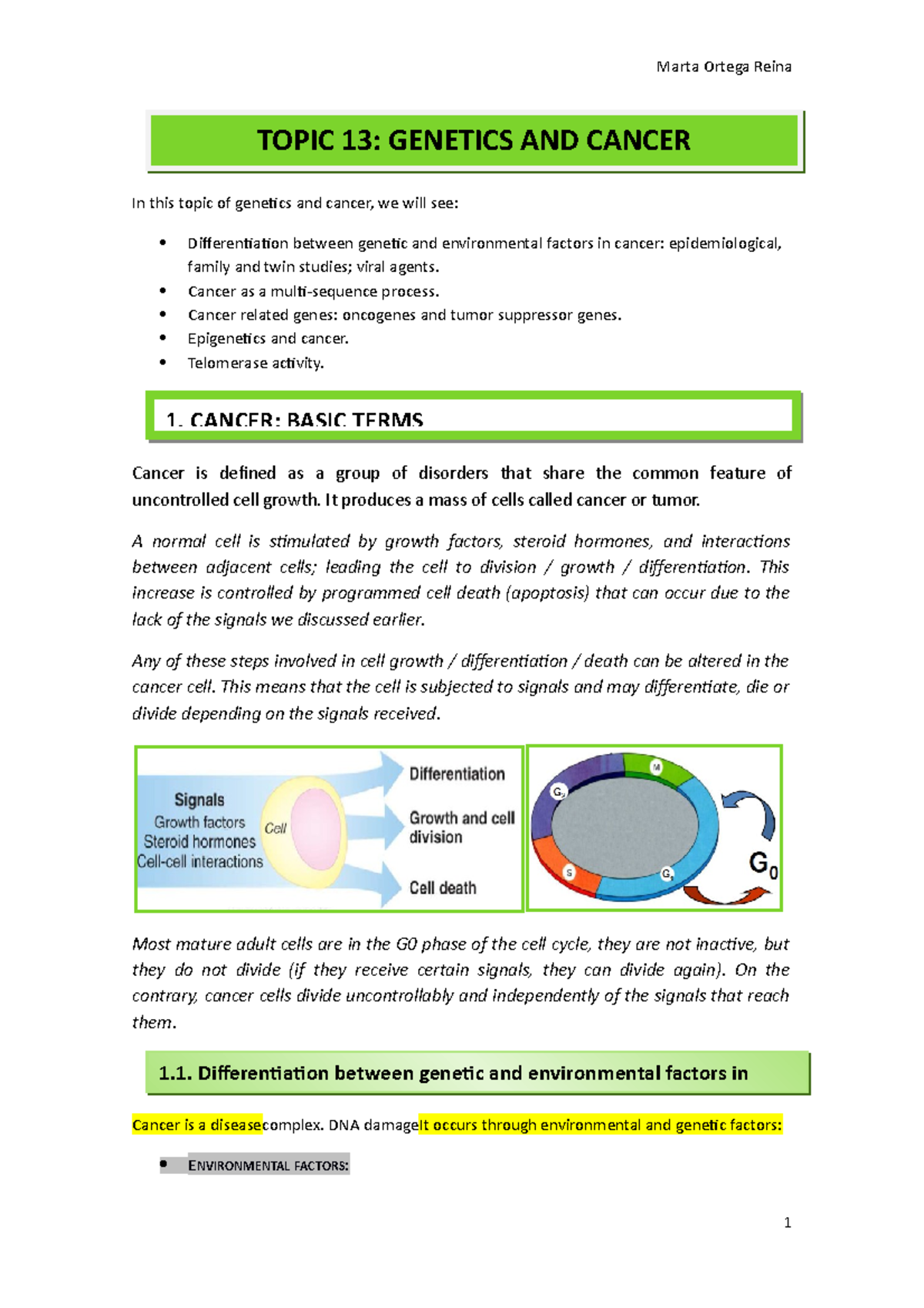 Lesson 13 - Lecture notes 13 - TOPIC 13: GENETICS AND CANCER In this ...