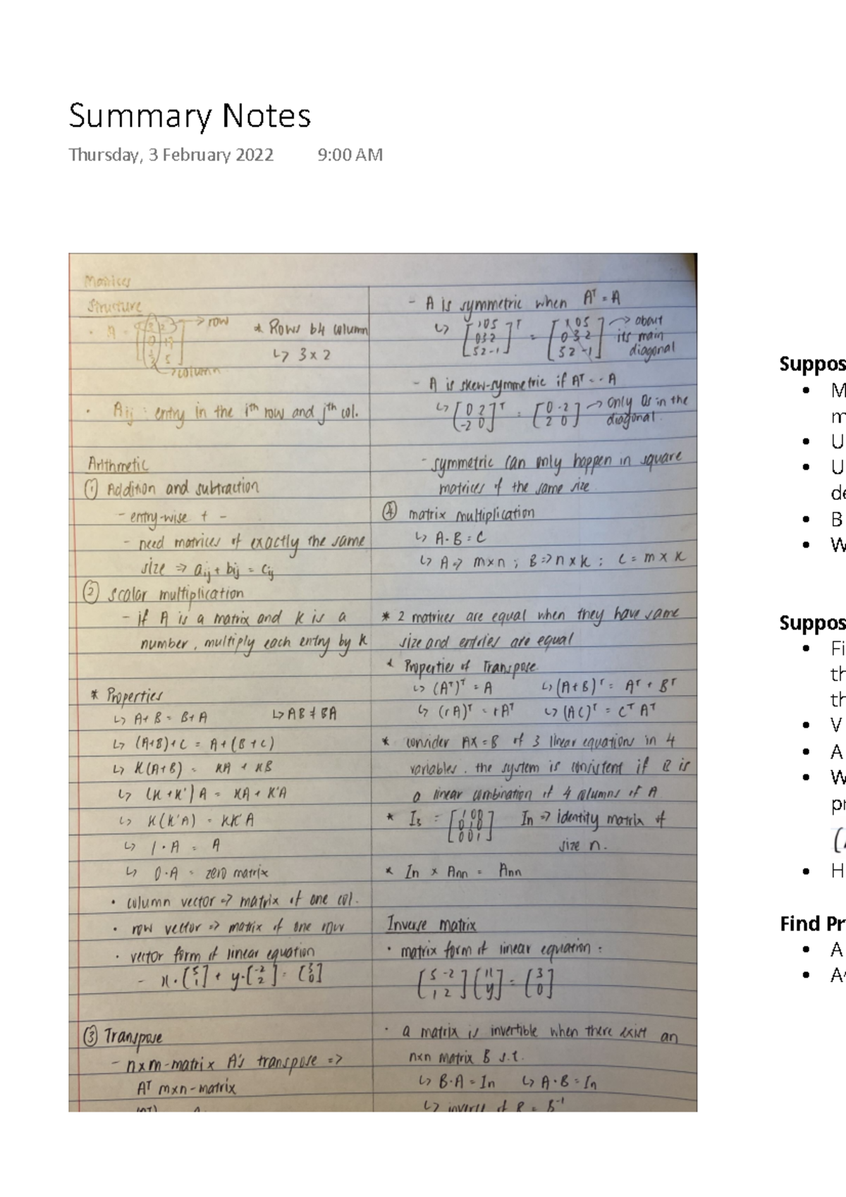 Matrices Summary - Lecture notes 1 - Suppose UA = B Ma ma • U is U is ...