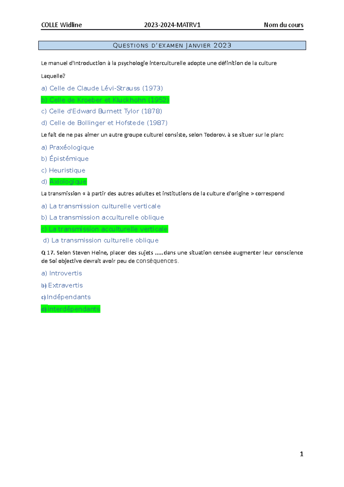 Examen exemple - QU E S T I O N S D ’E X A M E N JA N V I E R 2023 Le ...