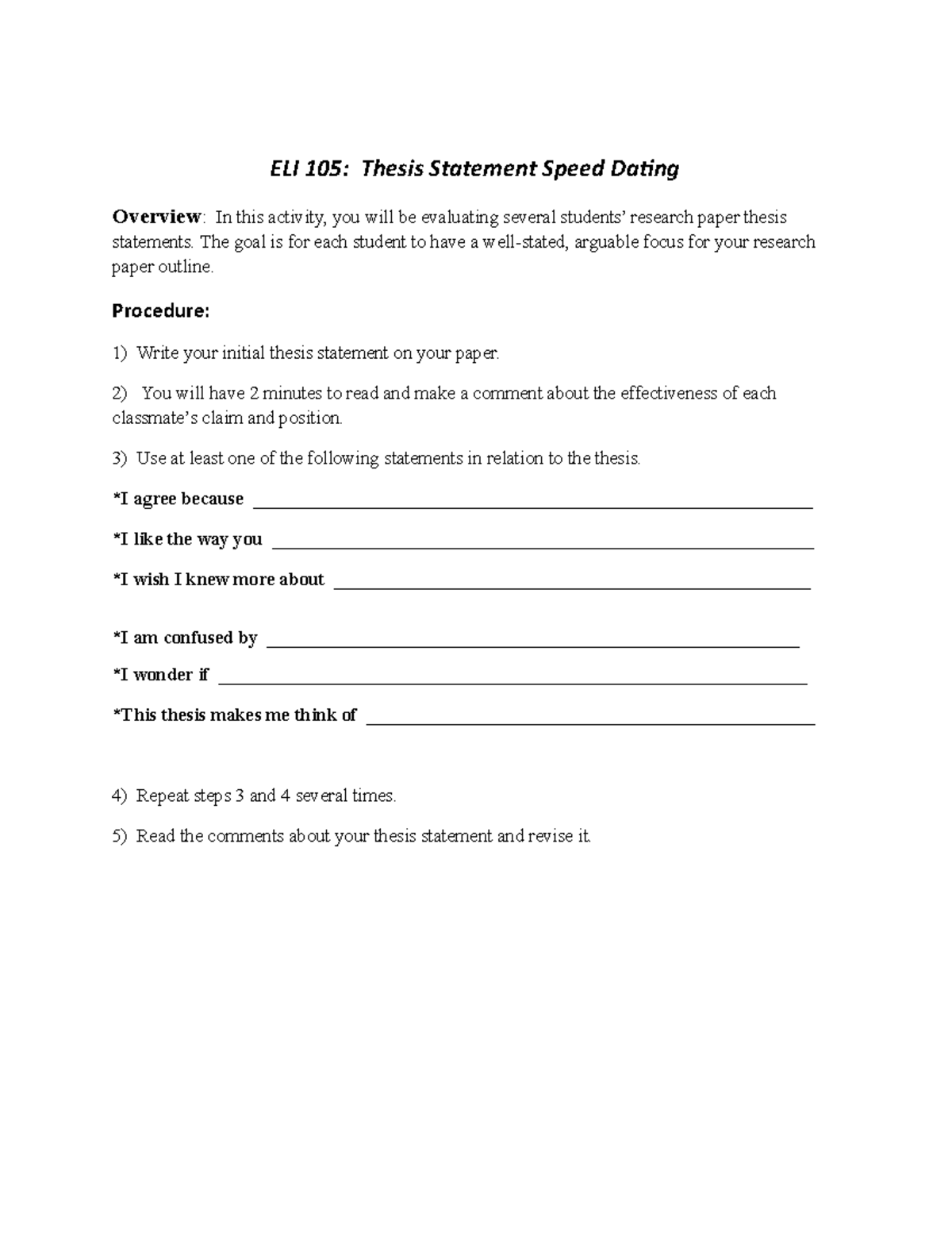 Speed Dating Form Thesis Statements - ELI 105: Thesis Statement Speed ...