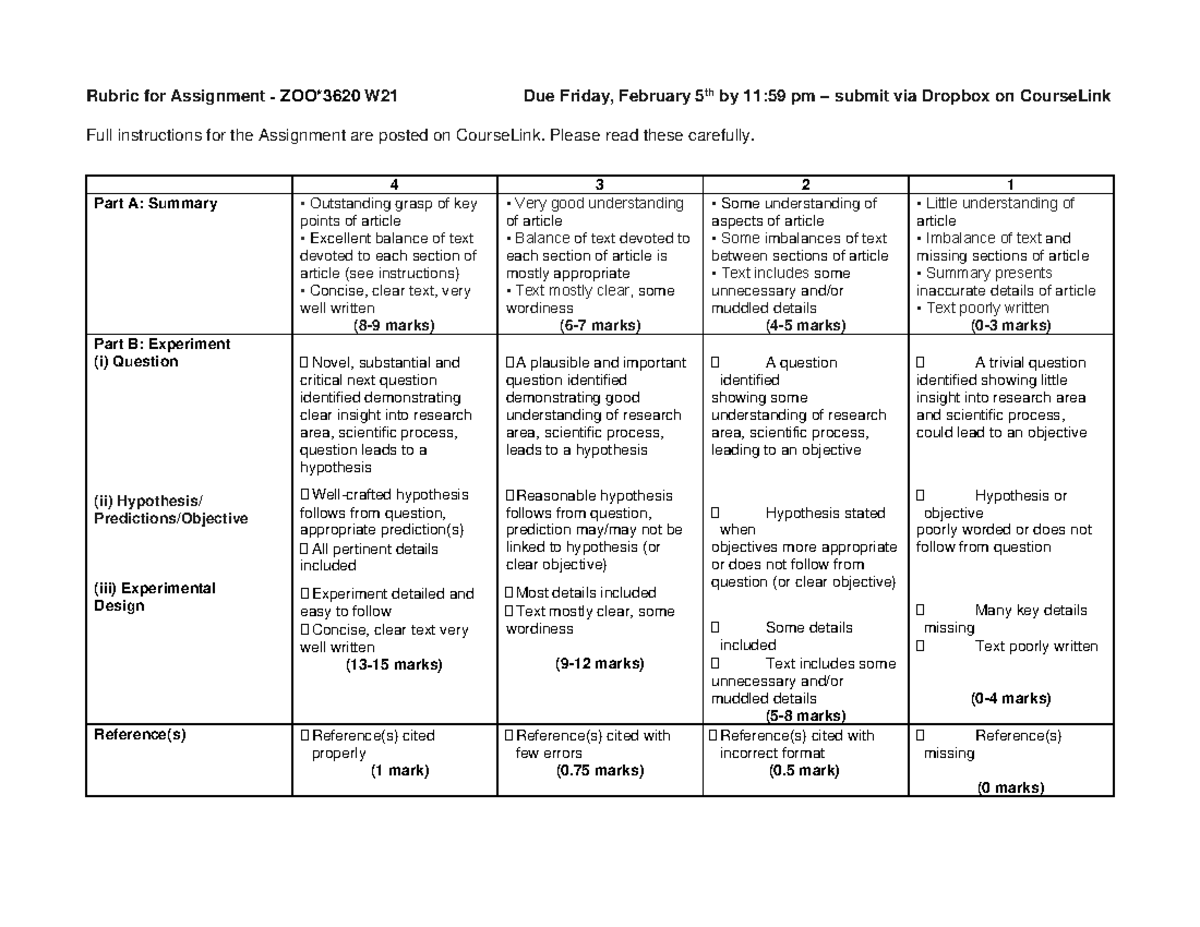 Rubric for Assignment - Lecture notes 1 - Rubric for Assignment ‐ ZOO ...
