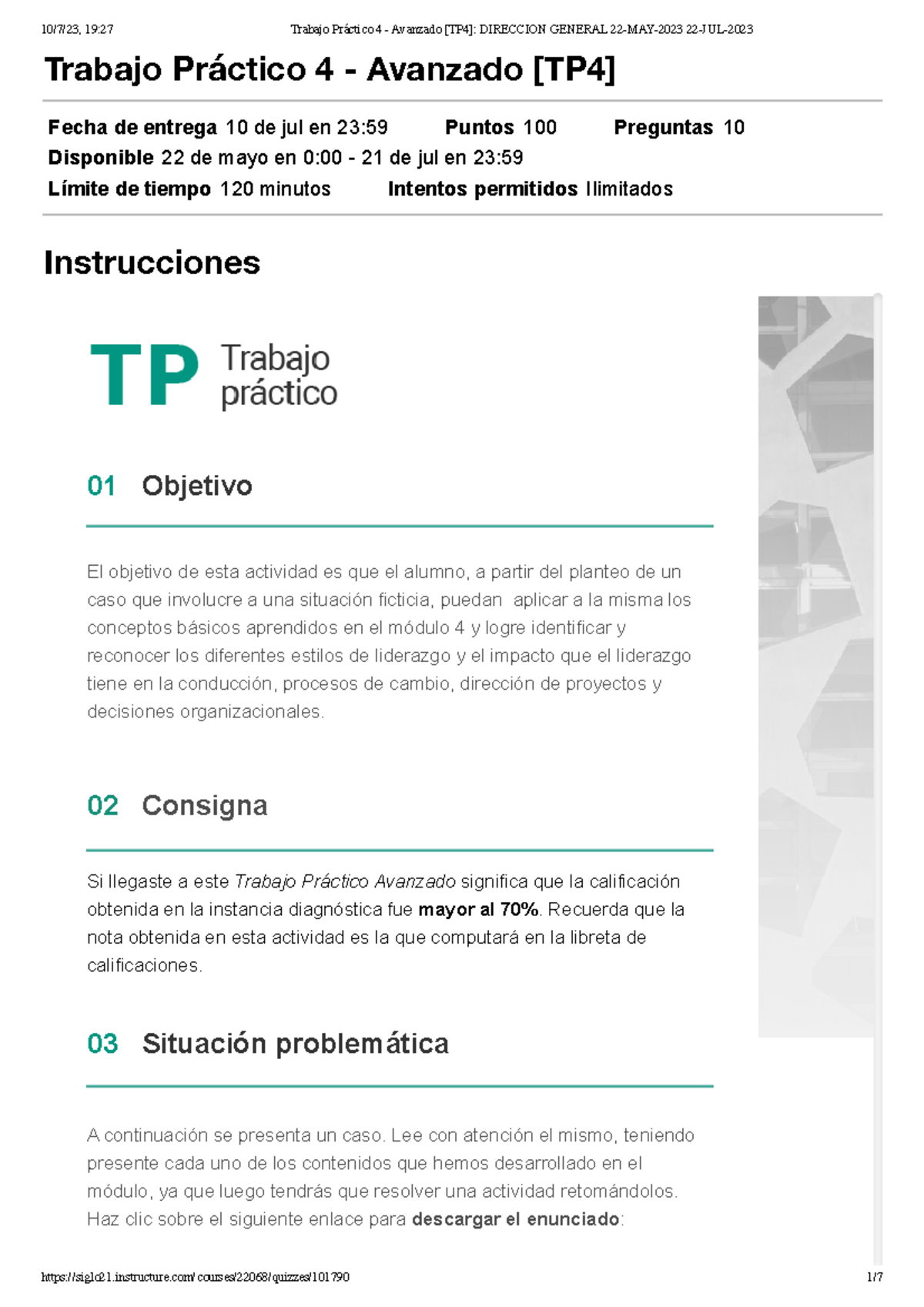 Tp4 avanzado dir gral 100% - Trabajo Práctico 4 - Avanzado [TP4] Fecha de entrega 10 de jul en ...