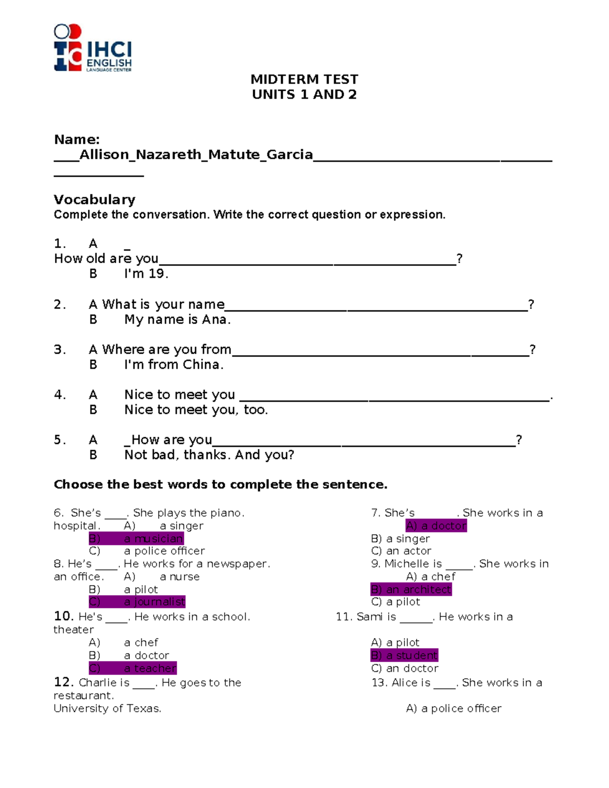 Midterm TEST 2024 - MIDTERM TEST UNITS 1 AND 2 Name: - Studocu