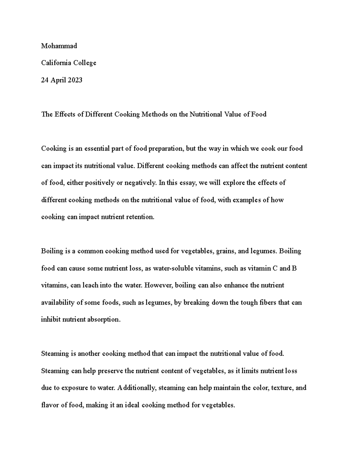 The Effects of Different Cooking Methods on the Nutritional Value of ...