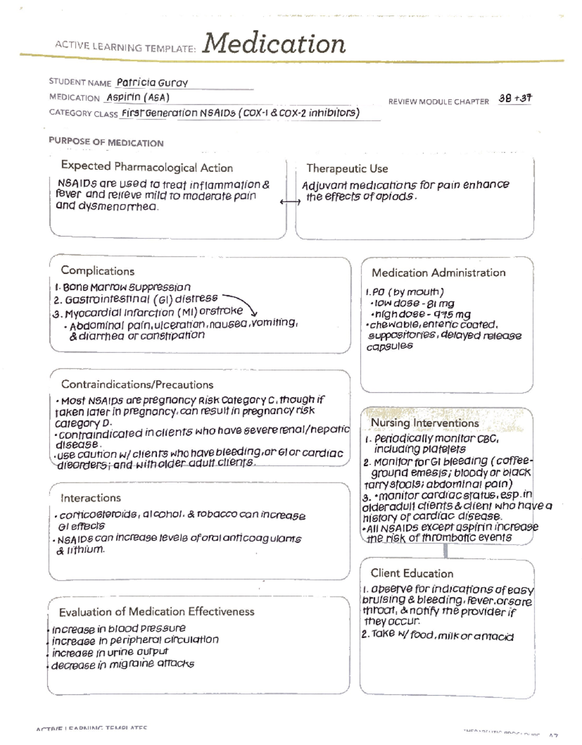Aspirin - Active Learning Template Medication Dr. Buchanan NURS 100 ...