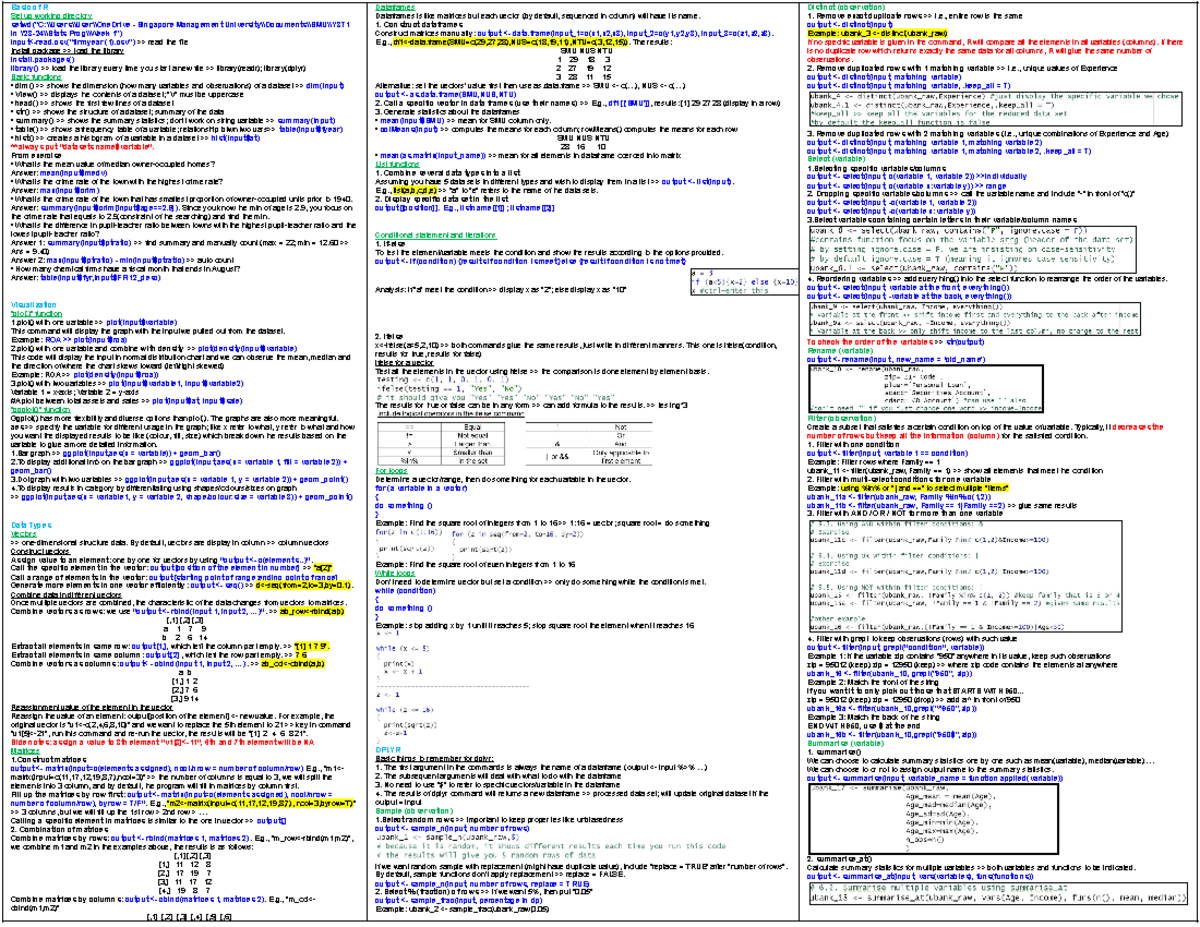 Cheat Sheet for Finals - Basic of R Set up working directory setwd("C:\Users\User\OneDrive ...