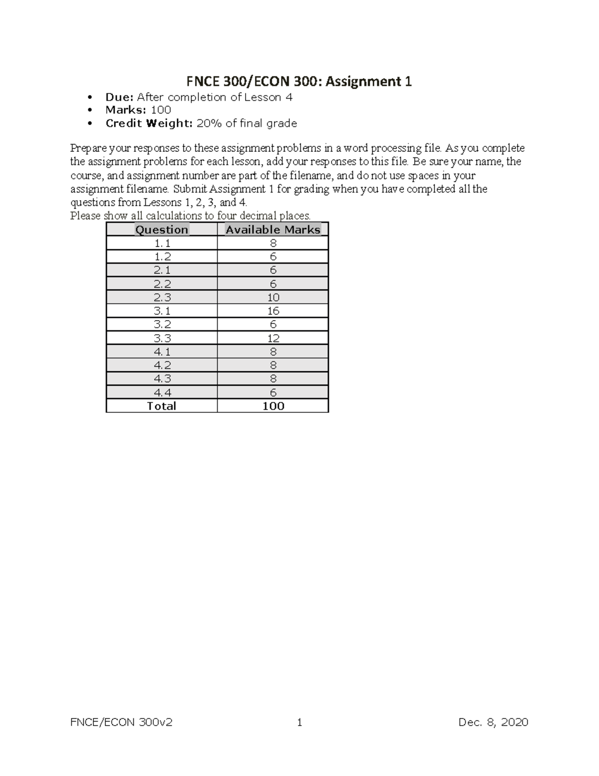 FNCE300 Assign 1 - FNCE 300/ECON 300: Assignment 1 Due: After completion of Lesson 4 Marks: 100 ...