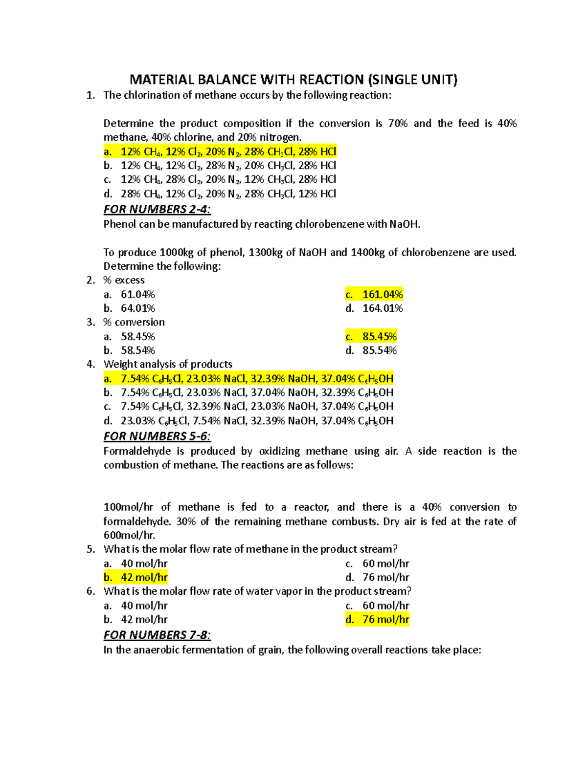 Matbal with reaction single unit SW - MATERIAL BALANCE WITH REACTION ...