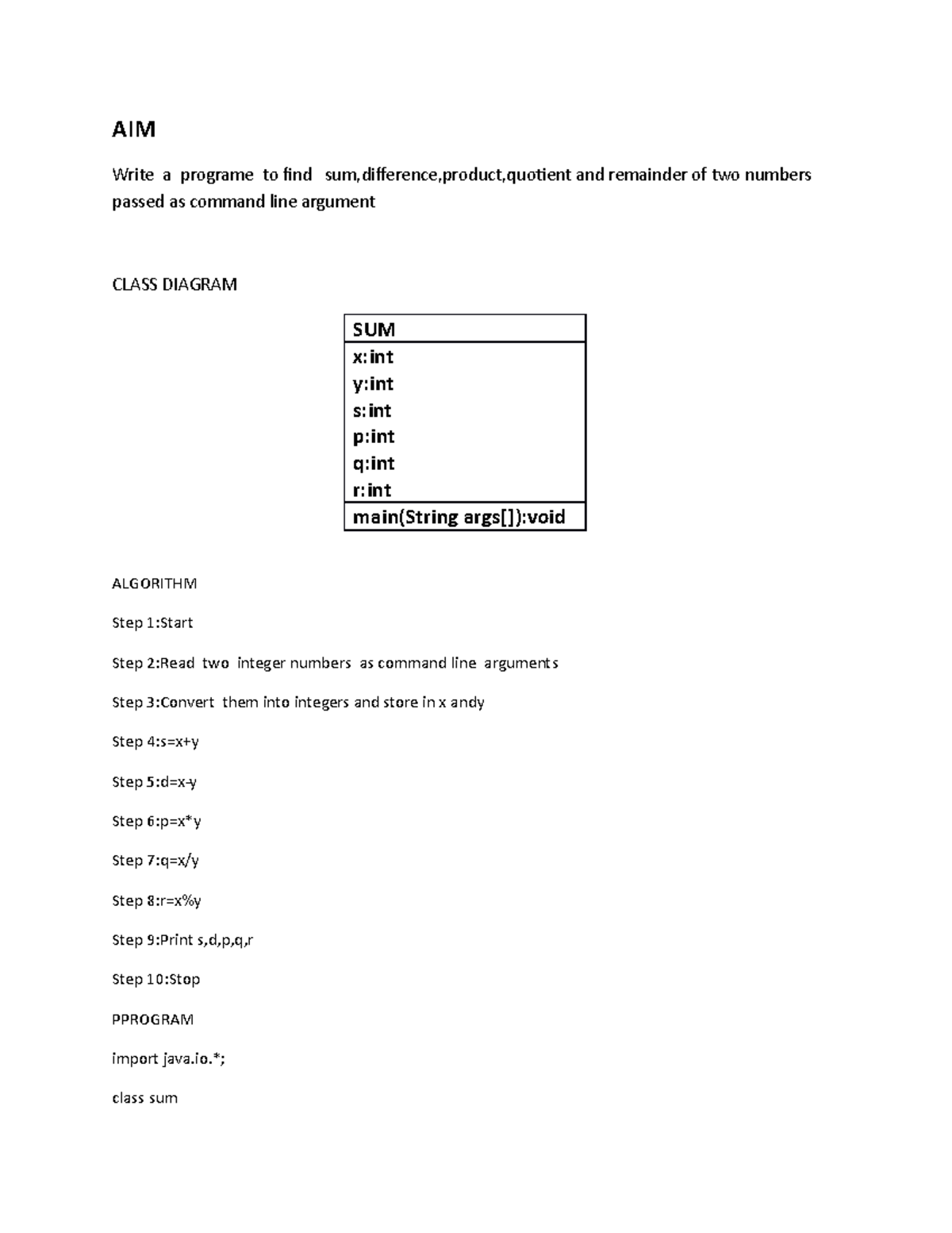 Java record - Nothing - AIM Write a programe to find sum,difference ...
