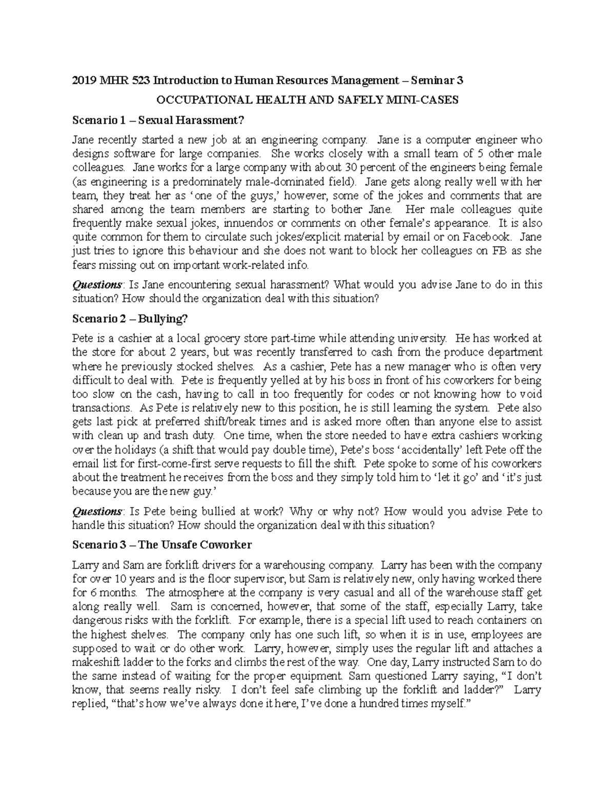 Seminar handouts for MHR just some thinking questions week 3 - 2019 MHR ...