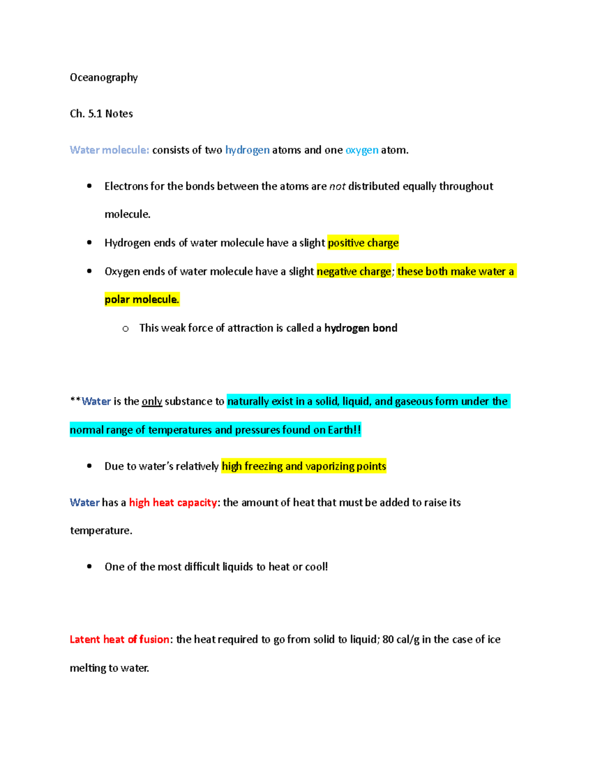 Oceanography Ch. 5.1 Notes - Oceanography Ch. 5 Notes Water molecule ...