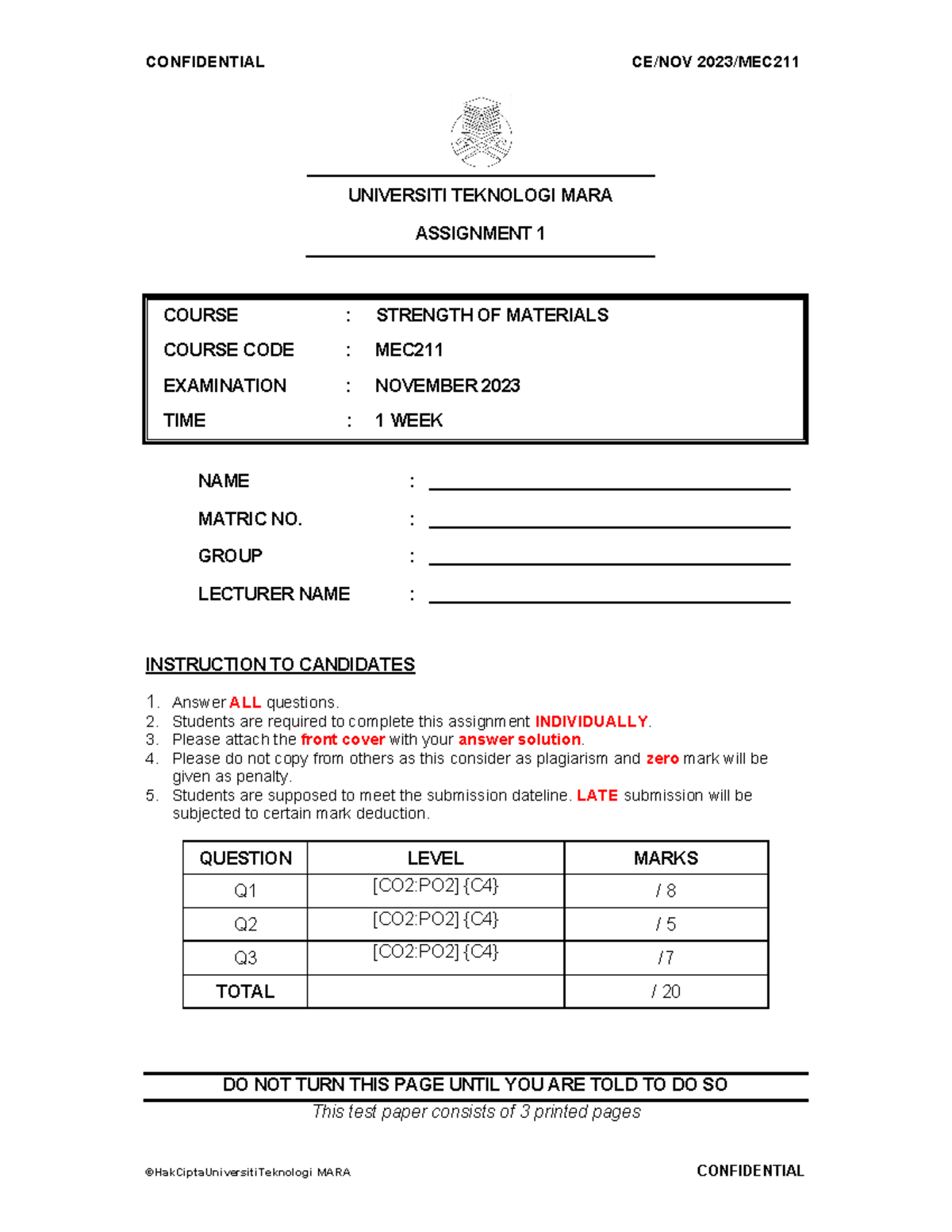 Assignment 1 Question Assingment Confidential Cenov 2023mec ©hakciptauniversititeknologi 