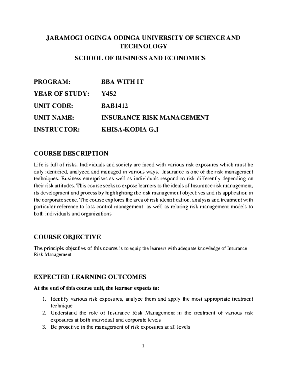 BAB 1412 Course Outline - 1 JARAMOGI OGINGA ODINGA UNIVERSITY OF ...
