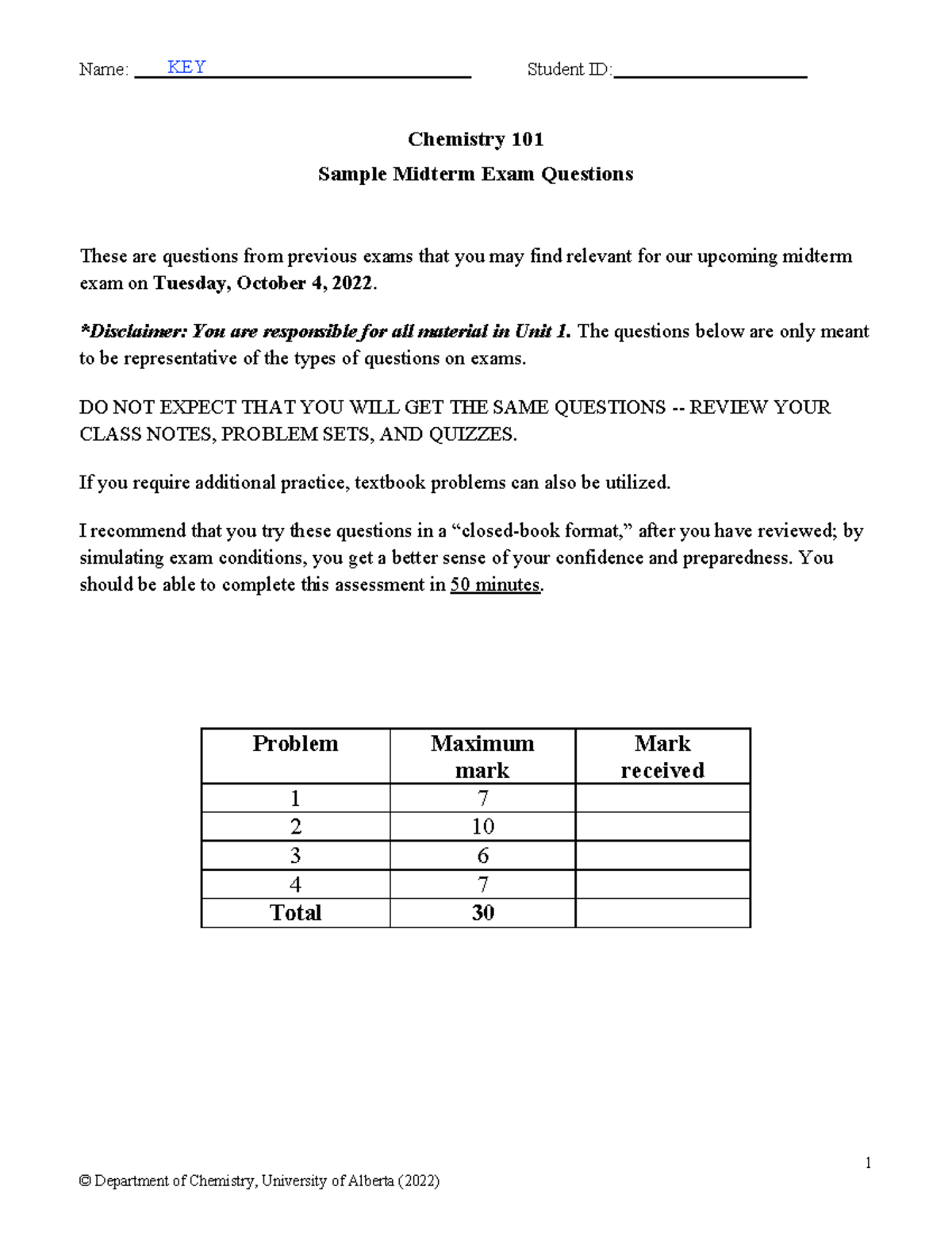 02 Sample Midterm 1 Key D1 - Name: Student ID: 1 Chemistry 101 Sample ...