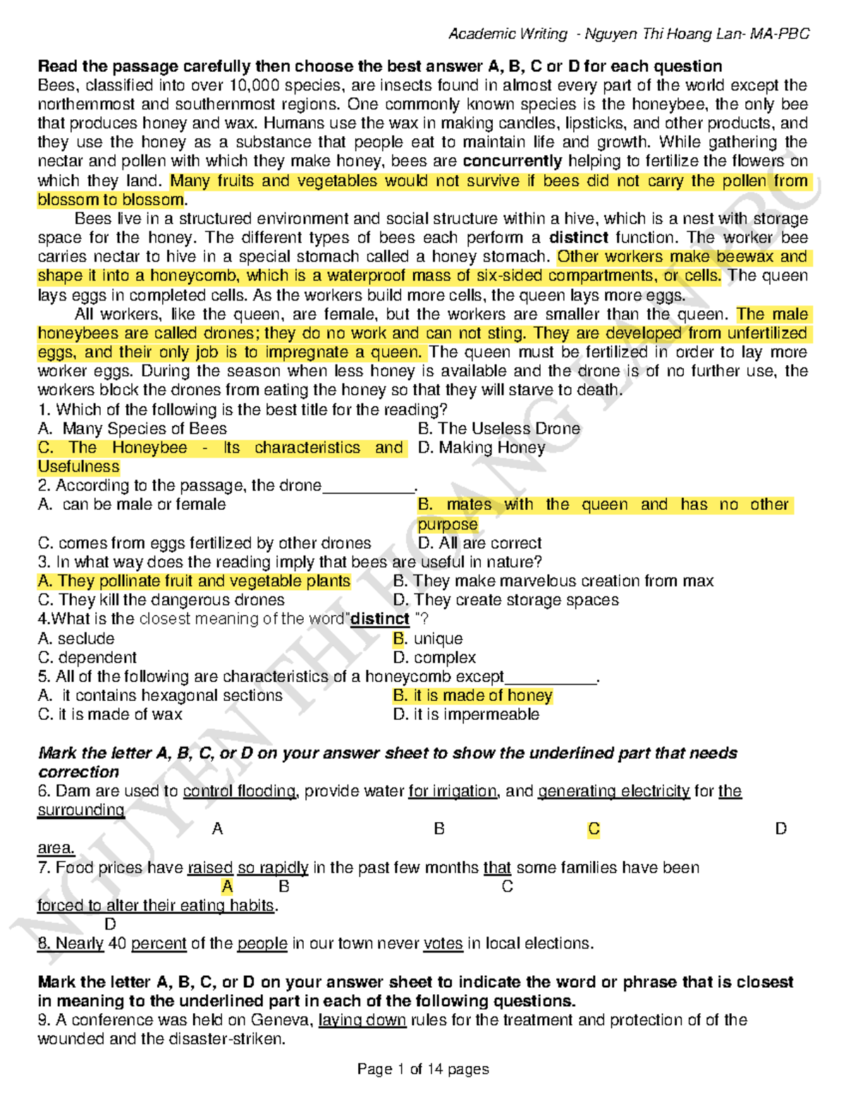 12-C1-Chieu - so difficult - Read the passage carefully then choose the ...