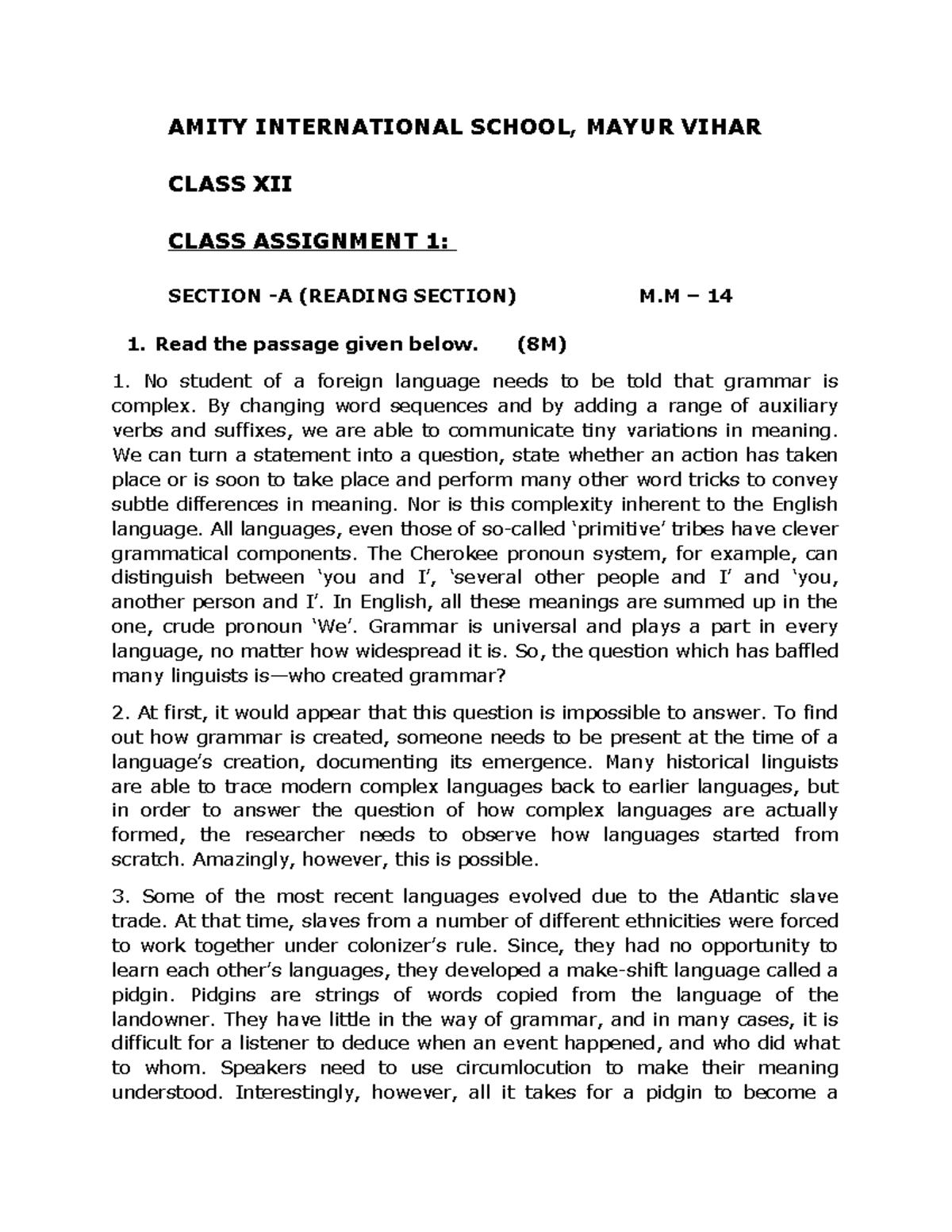 Class Assignment 1 - AMITY INTERNATIONAL SCHOOL, MAYUR VIHAR CLASS XII ...