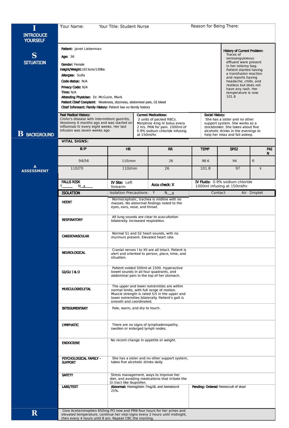 Isbar Document - I INTRODUCE YOURSELF Your Name: Your Title: Student ...