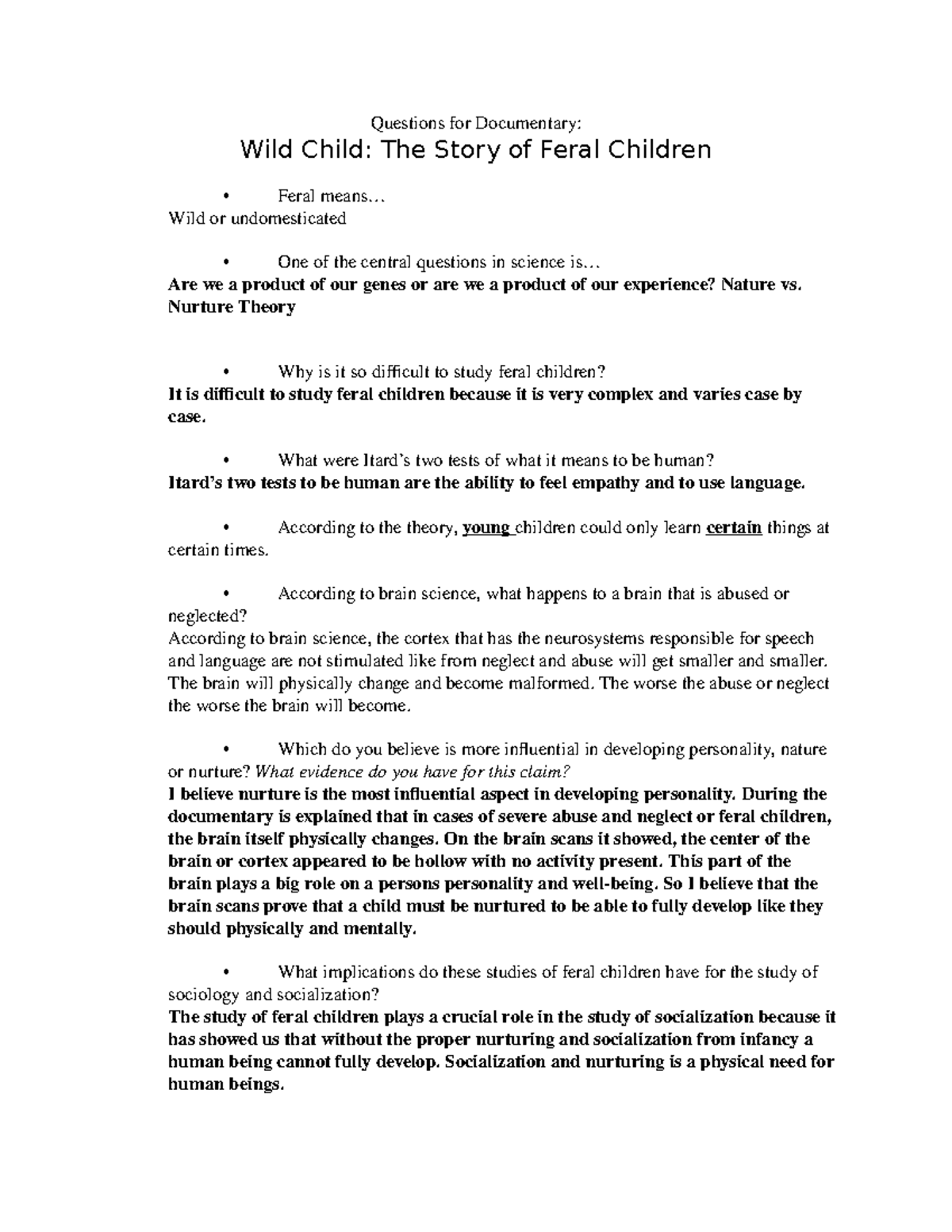 Feral Children Documentary Notes Kelcie Petit - Questions for ...