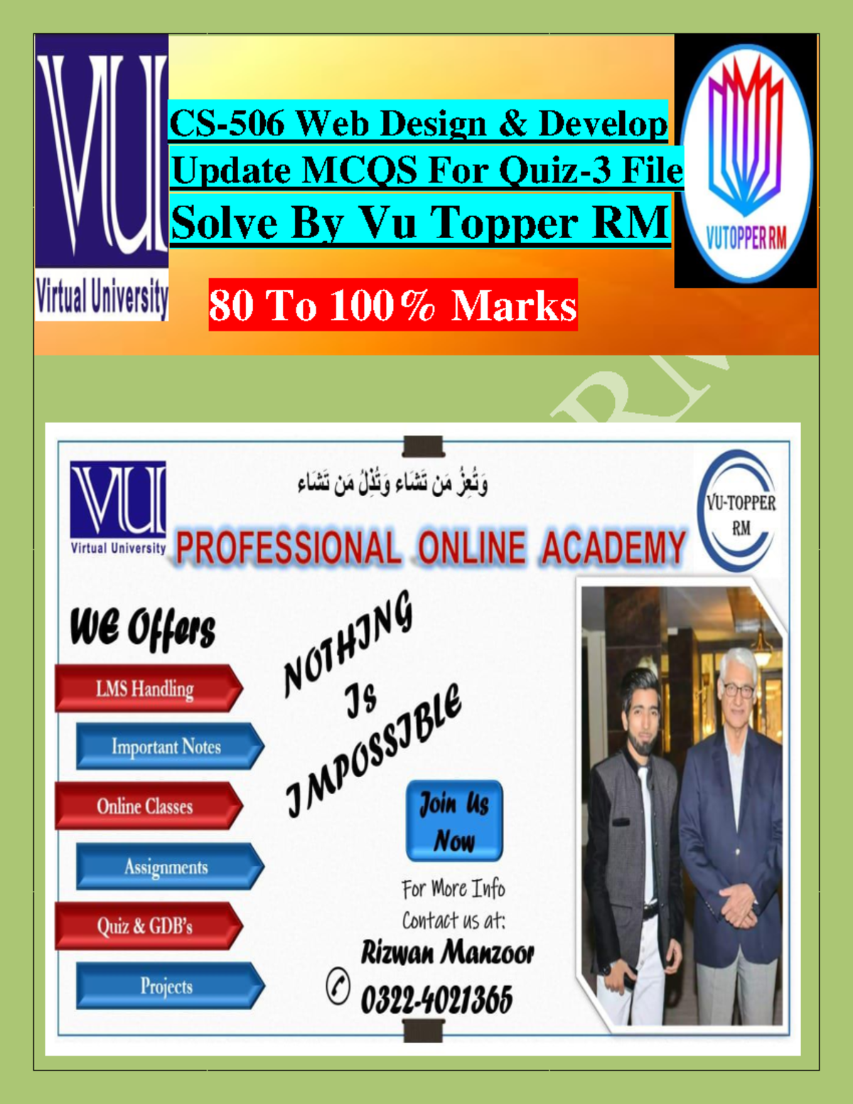 CS506 Quiz-3 By Vu Topper RM - CS-506 Web Design & Develop Update MCQS For Quiz-3 File Solve By ...