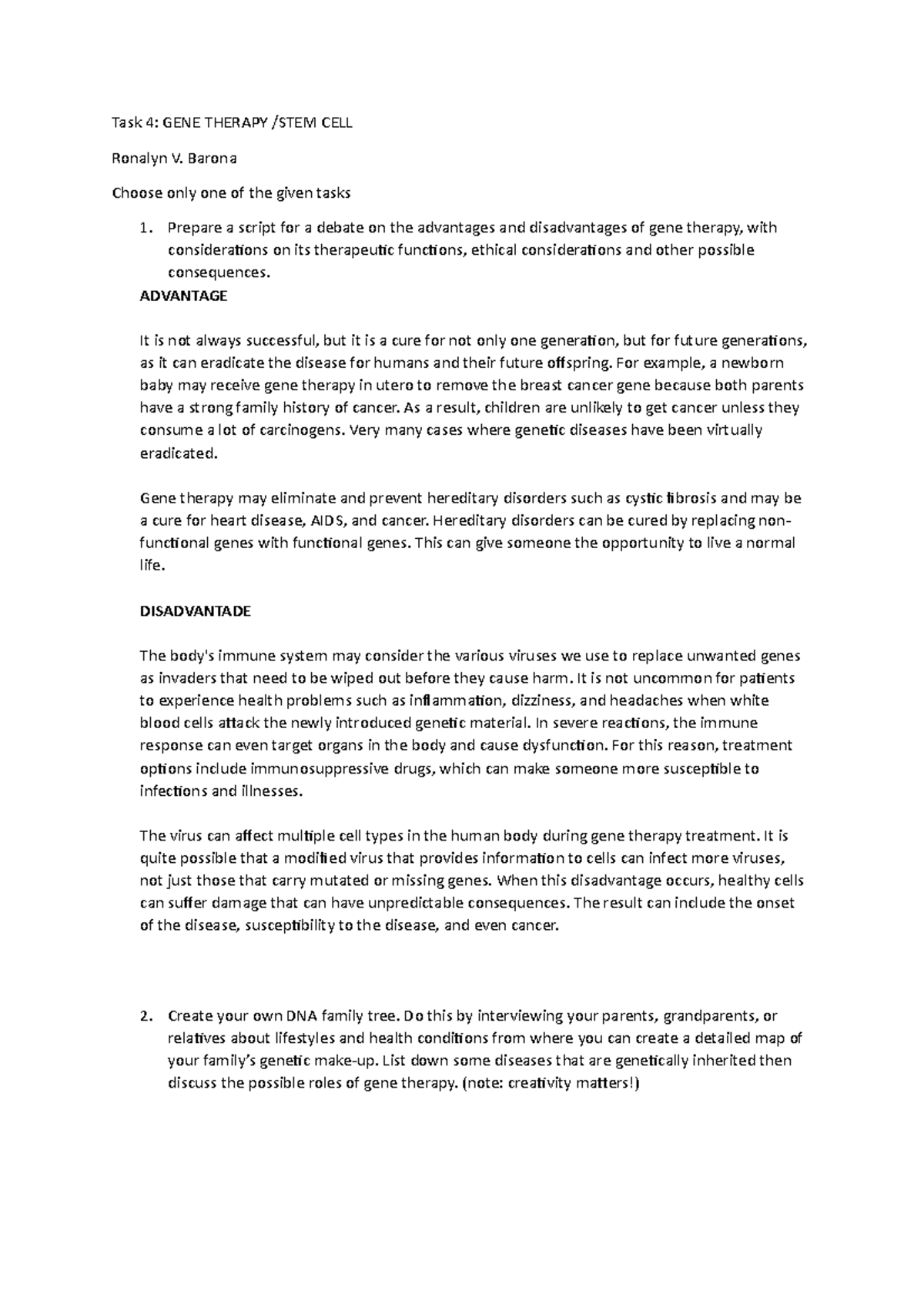 STS Task 4 Gene Therapy- Barona - Task 4: GENE THERAPY /STEM CELL ...