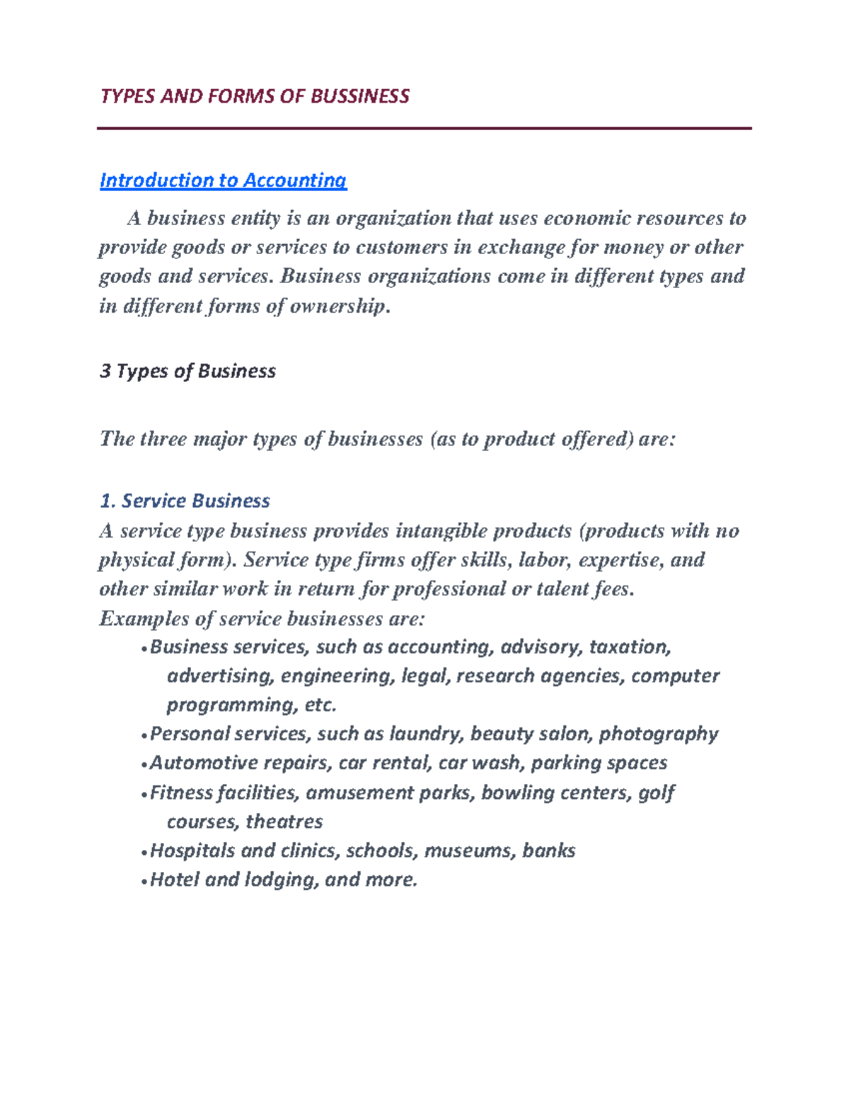 Types of bussiness - TYPES AND FORMS OF BUSSINESS Introduction to ...