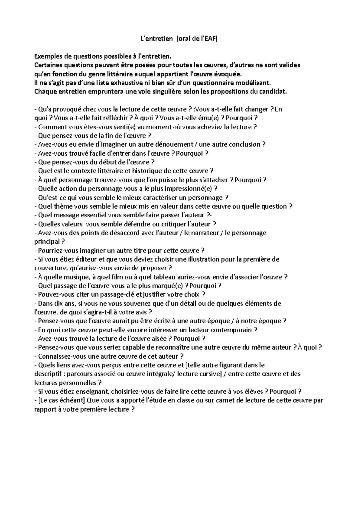 Questions types qui tombent à l'entretien oral bac sur livre choisi - L ...