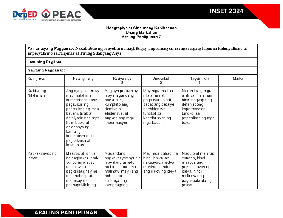HO14-Analytic Rubric Template - Heograpiya at Sinaunang Kabihasnan ...