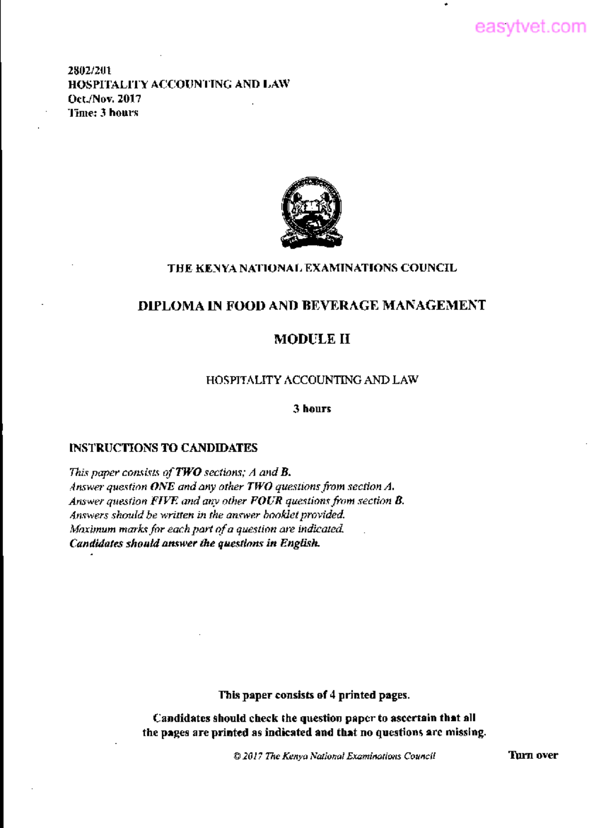 2017 nov - past knec papers - easytvet HOSPITALITY ACCOUNTING AND LAW ...