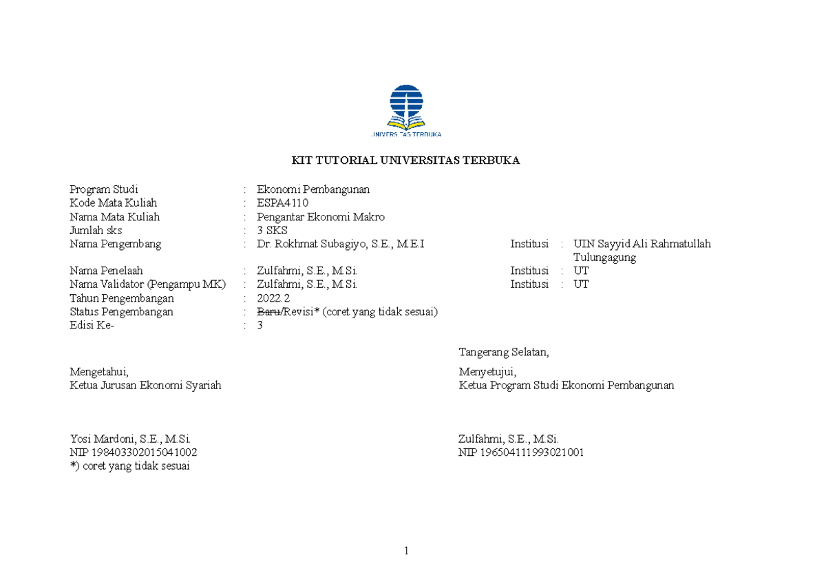 RAT Pengantar Ekonomi Makro ESPA 4110 - KIT TUTORIAL UNIVERSITAS TERBUKA Program Studi : Ekonomi ...