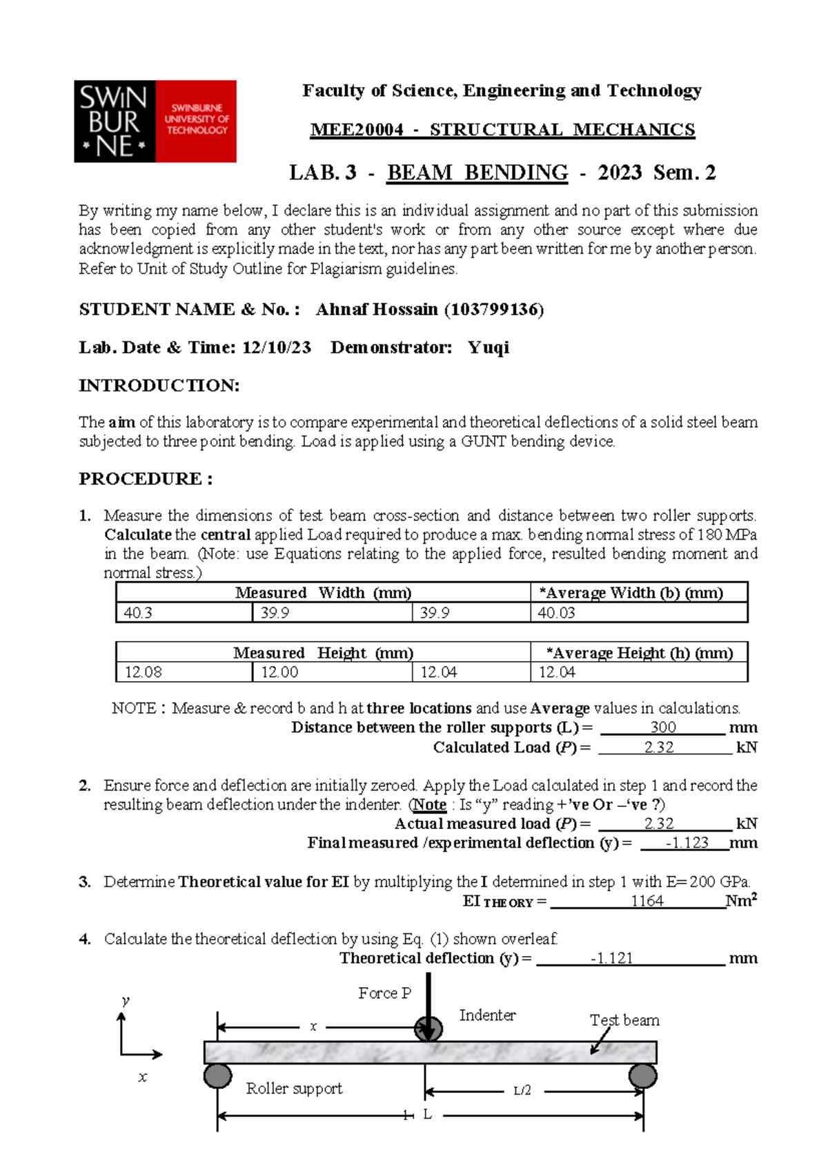 structural mechanics Lab3 - Faculty of Science, Engineering and Technology MEE20004 - STRUCTURAL ...