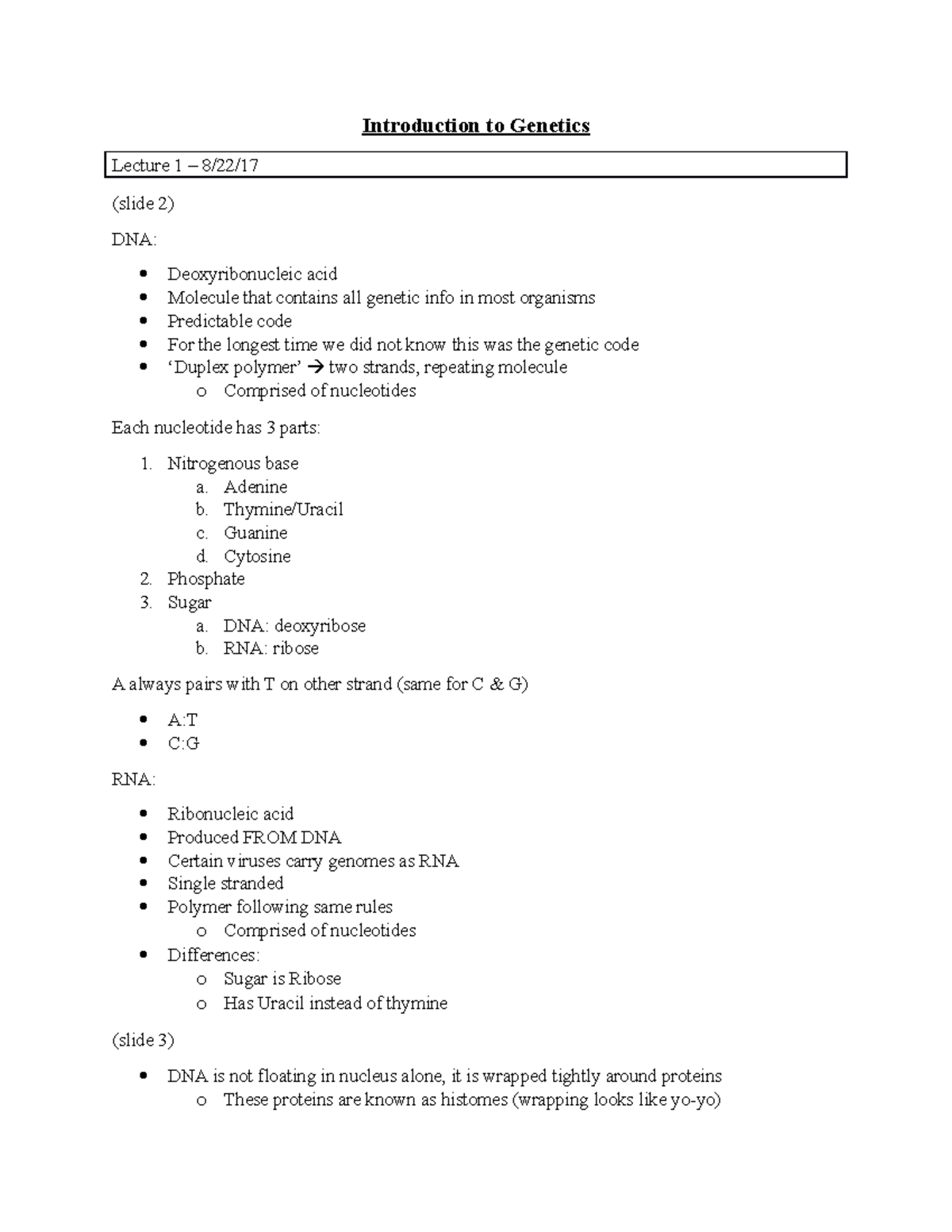 Introduction to Genetics - Introduction to Genetics Lecture 1 – 8/22 ...