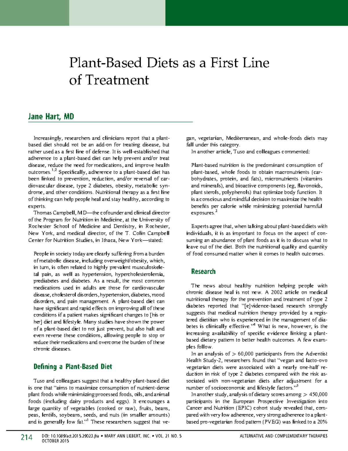PBDFirst Line - Plant-Based Diets as a First Line of Treatment Jane ...